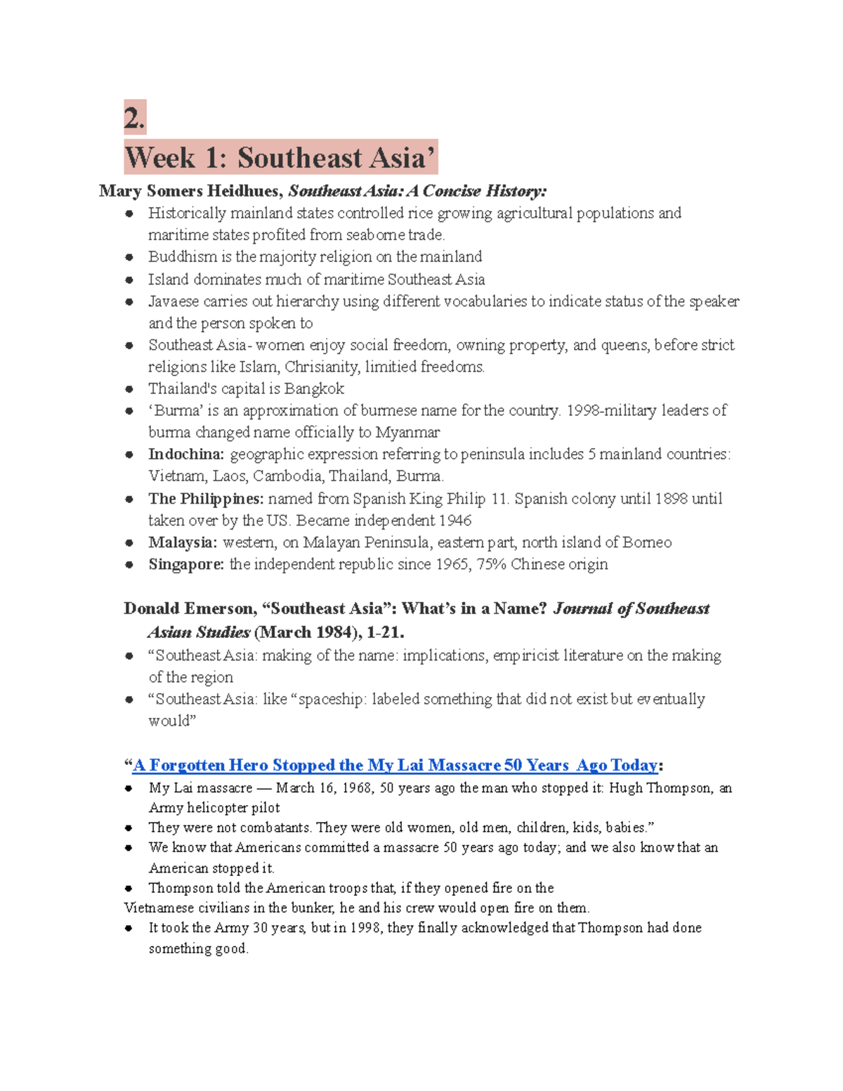 Copy of HIST Reading Notes - 2. Week 1: Southeast Asia’ Mary Somers ...