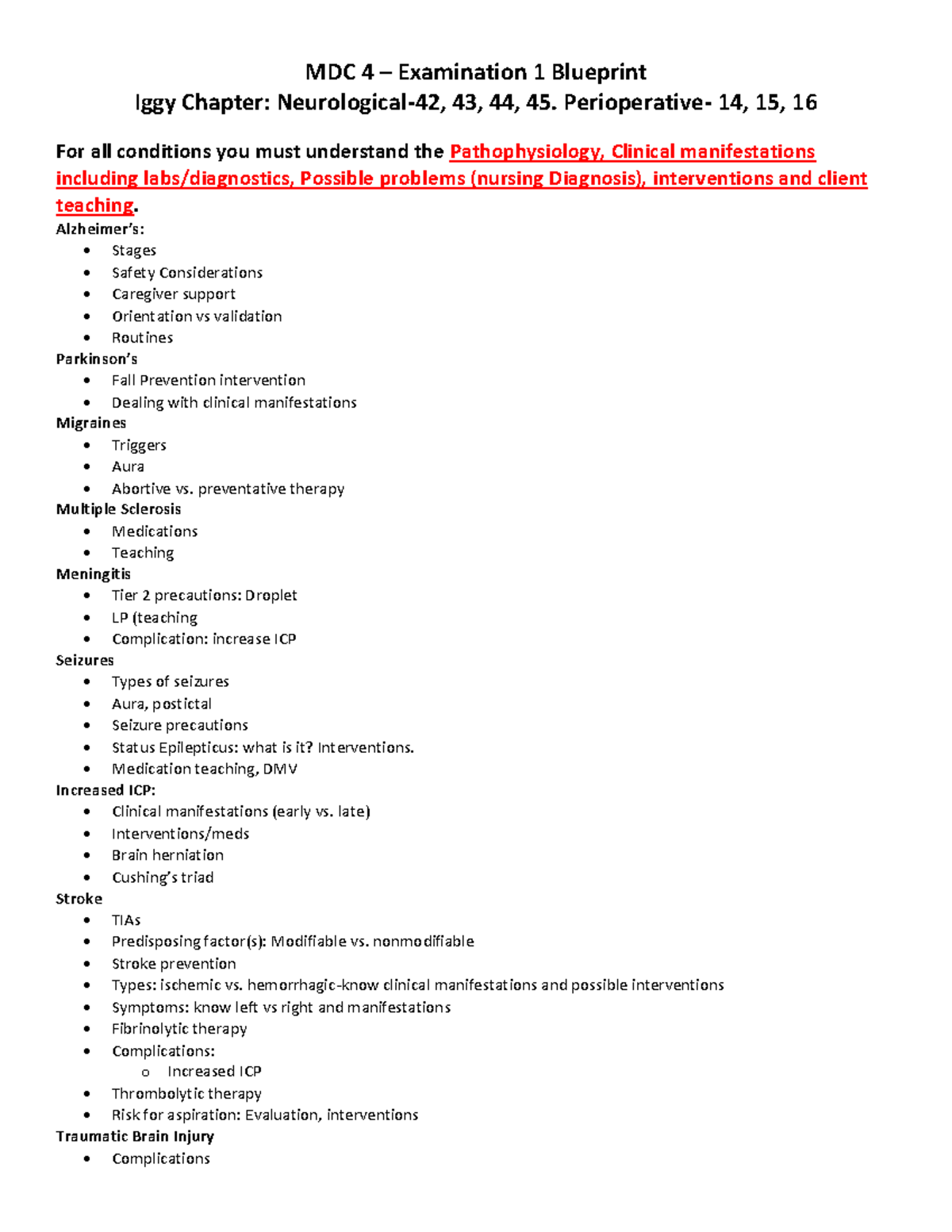MCD4 Exam 1 Blueprint - MDC 4 – Examination 1 Blueprint Iggy Chapter: Neurological-42, 43, 44 ...