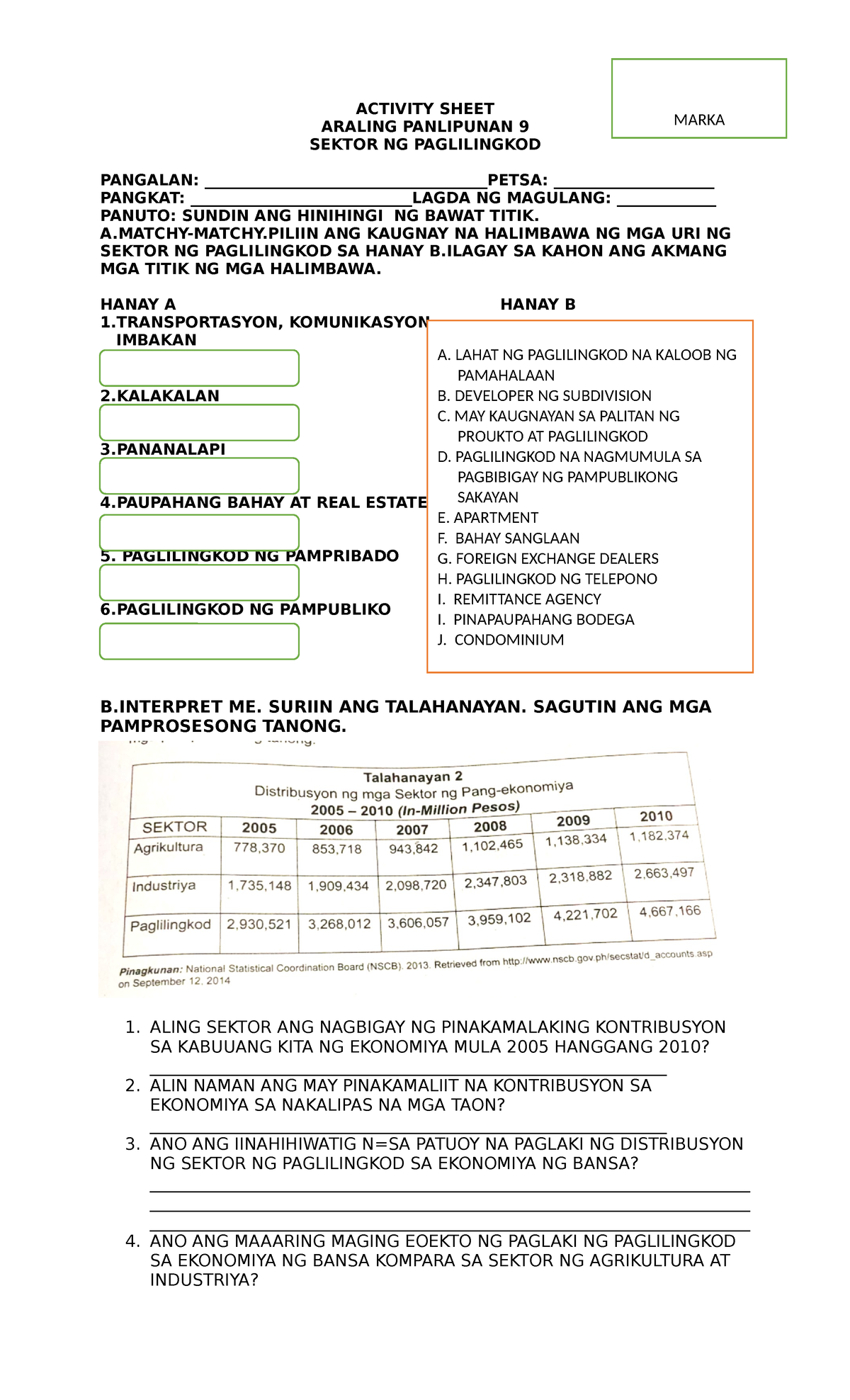 AS Sektor NG Paglilingkod - ACTIVITY SHEET ARALING PANLIPUNAN 9 SEKTOR ...