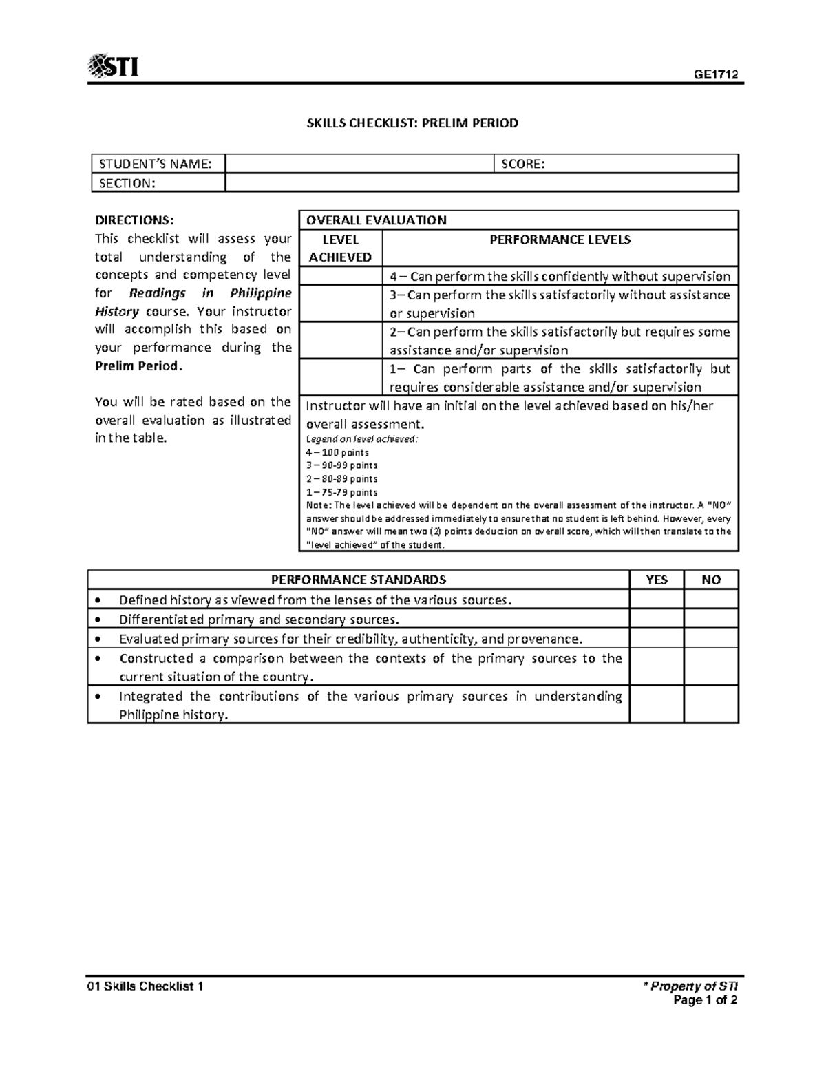 01 Skills Checklist(5) - GE 01 Skills Checklist 1 * Property of STI ...