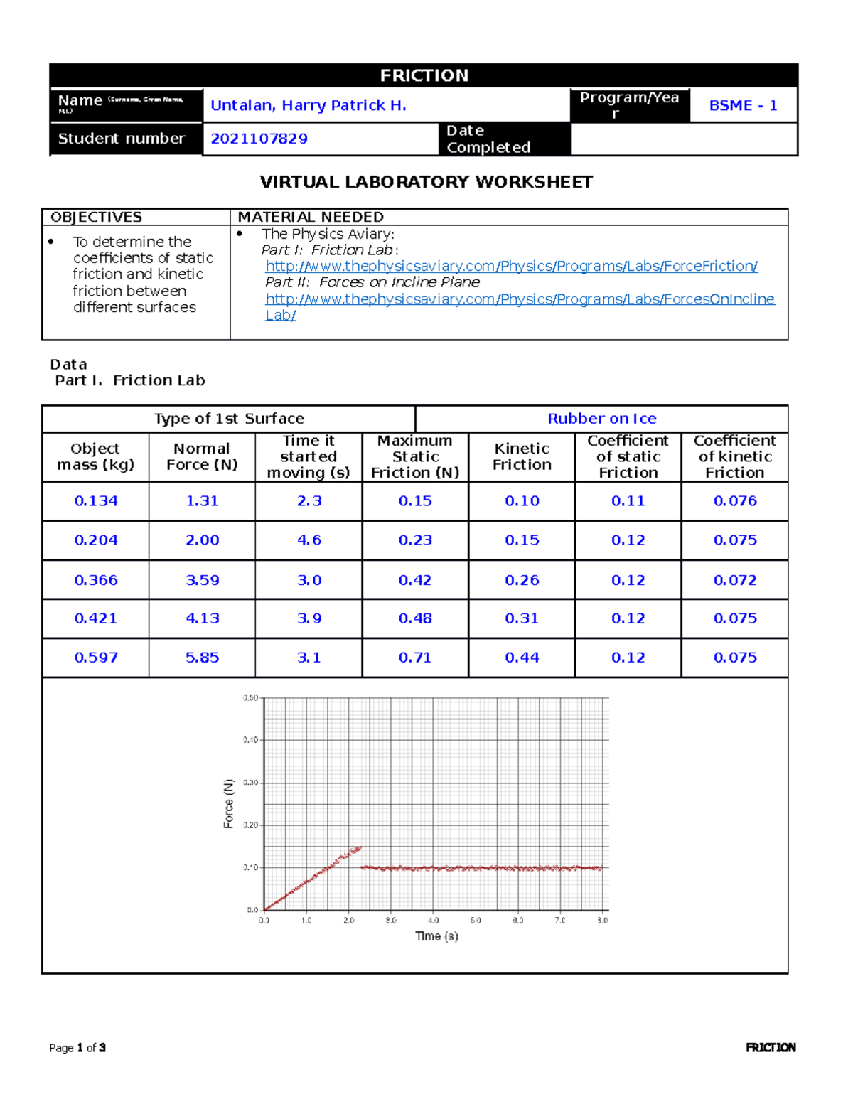 E102 Friction Data Sheet - FRICTION Name (Surname, Given Name, M ...