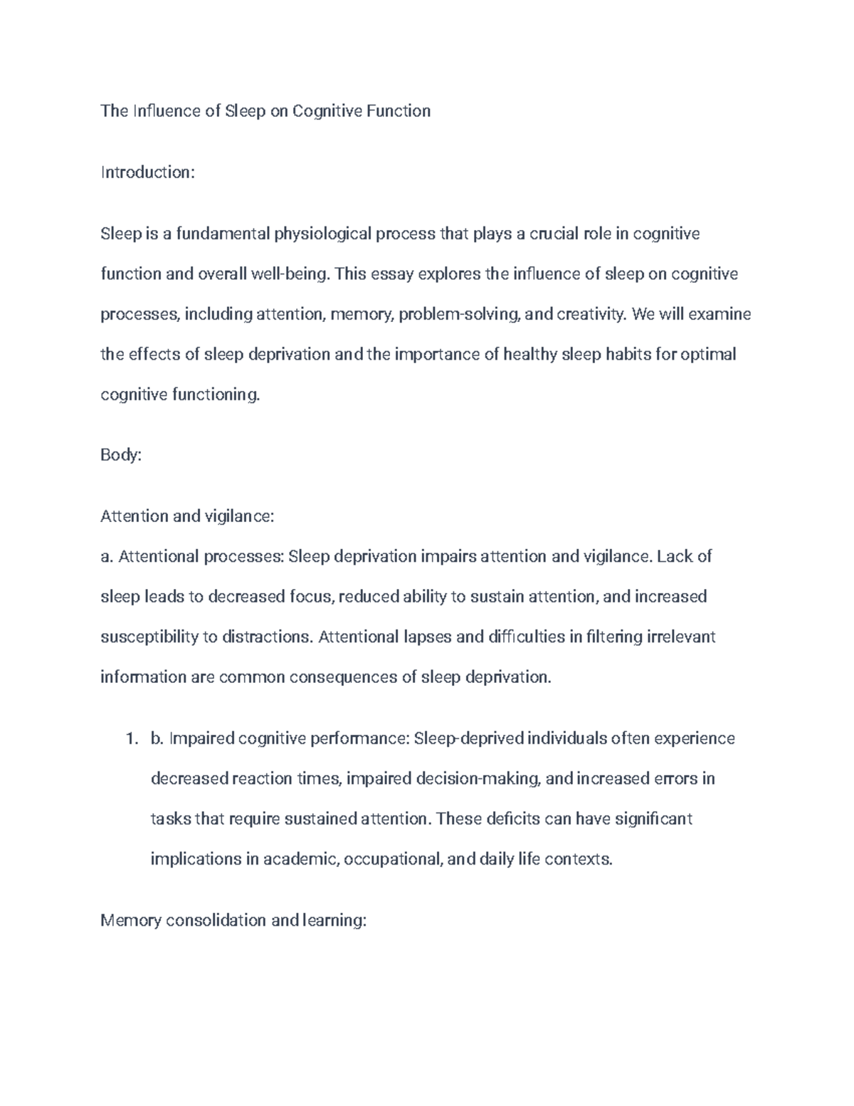 Bio pysch #5 - essay - The Influence of Sleep on Cognitive Function ...