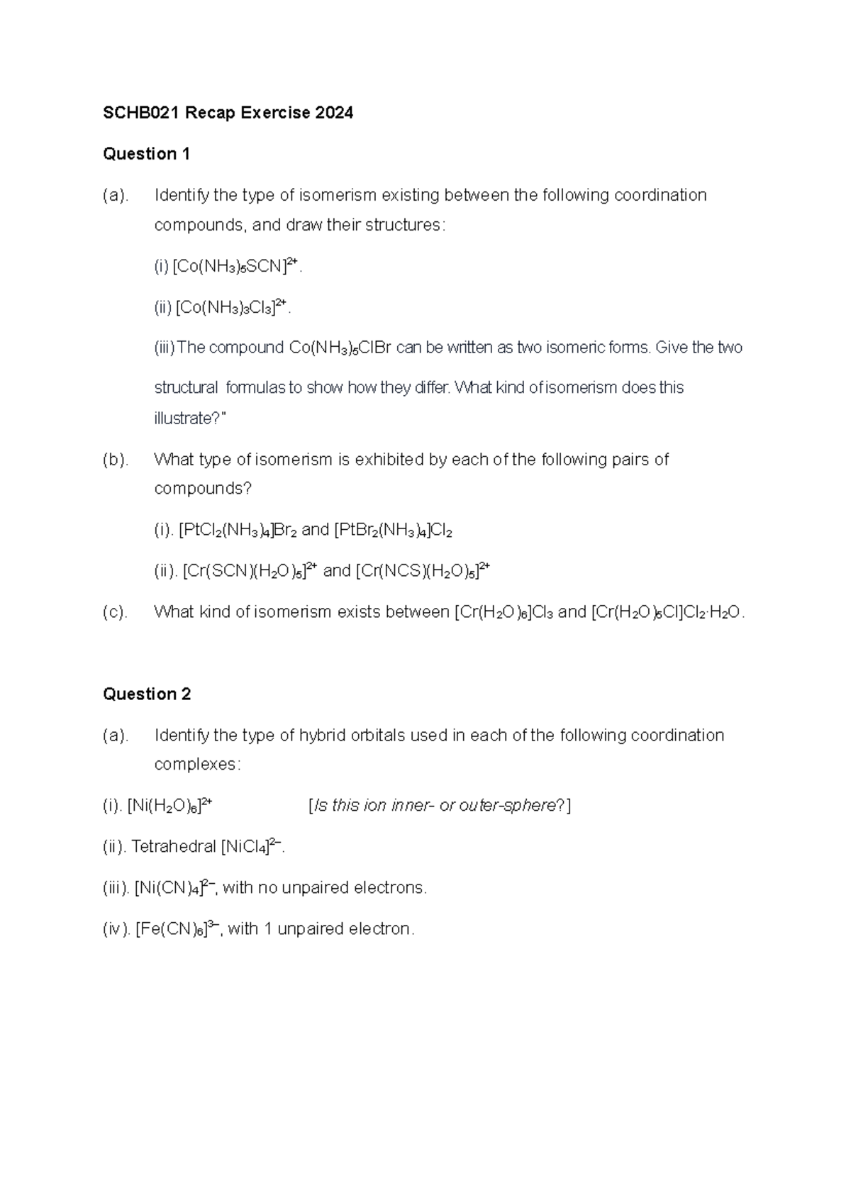 SCHB021 Recap Exercise 2024F - SCHB021 Recap Exercise 2024 Question 1 ...