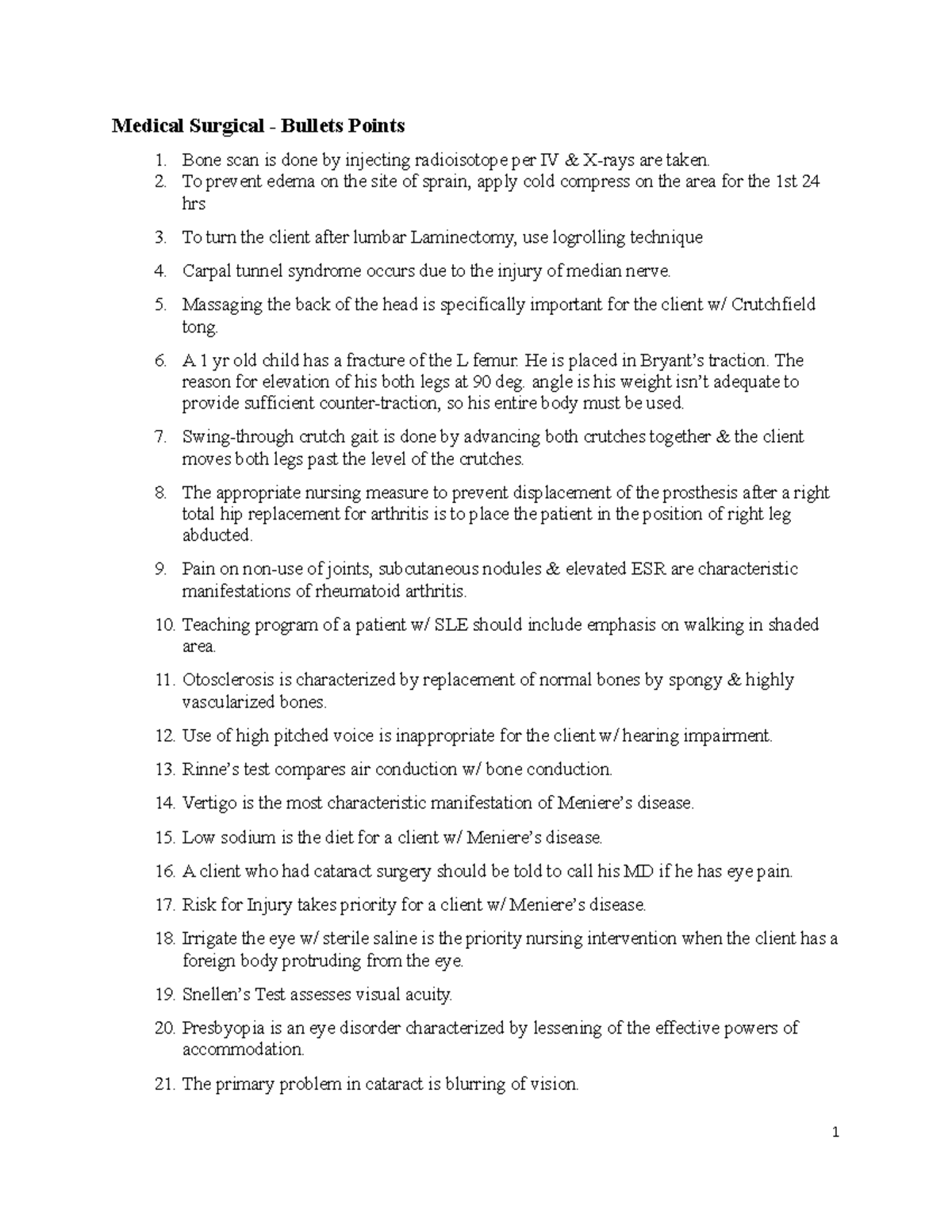 Bullets Med Surg - These med surg bullet points will be on public ...