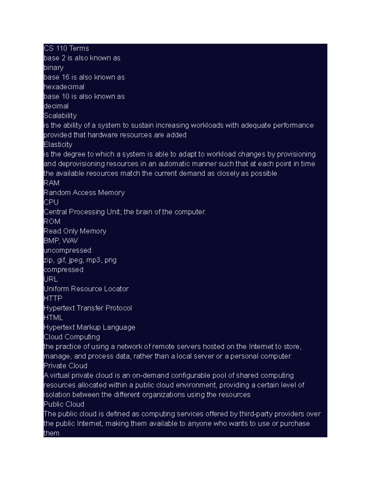 CS 110 Terms - CS 110 Terms base 2 is also known as binary base 16 is also known as hexadecimal ...
