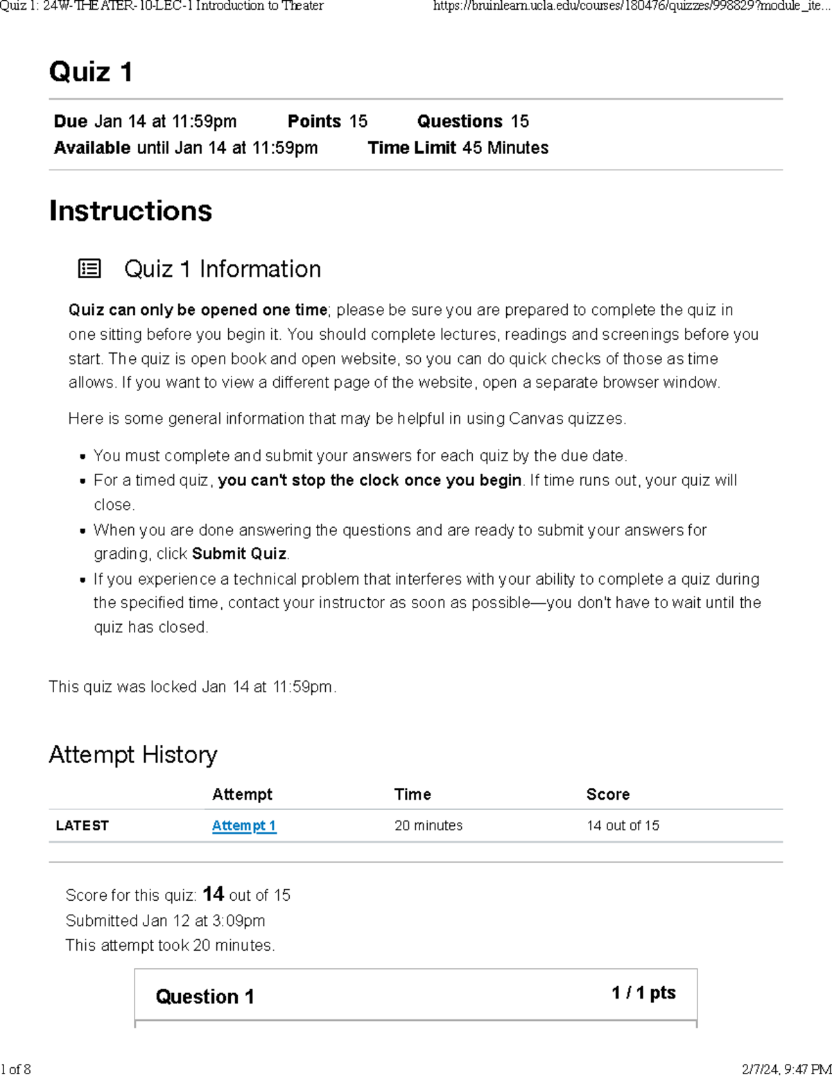 Theater 10 Quiz 1 - Quiz 1 Due Jan 14 at 11:59pm Points 15 Questions 15 ...