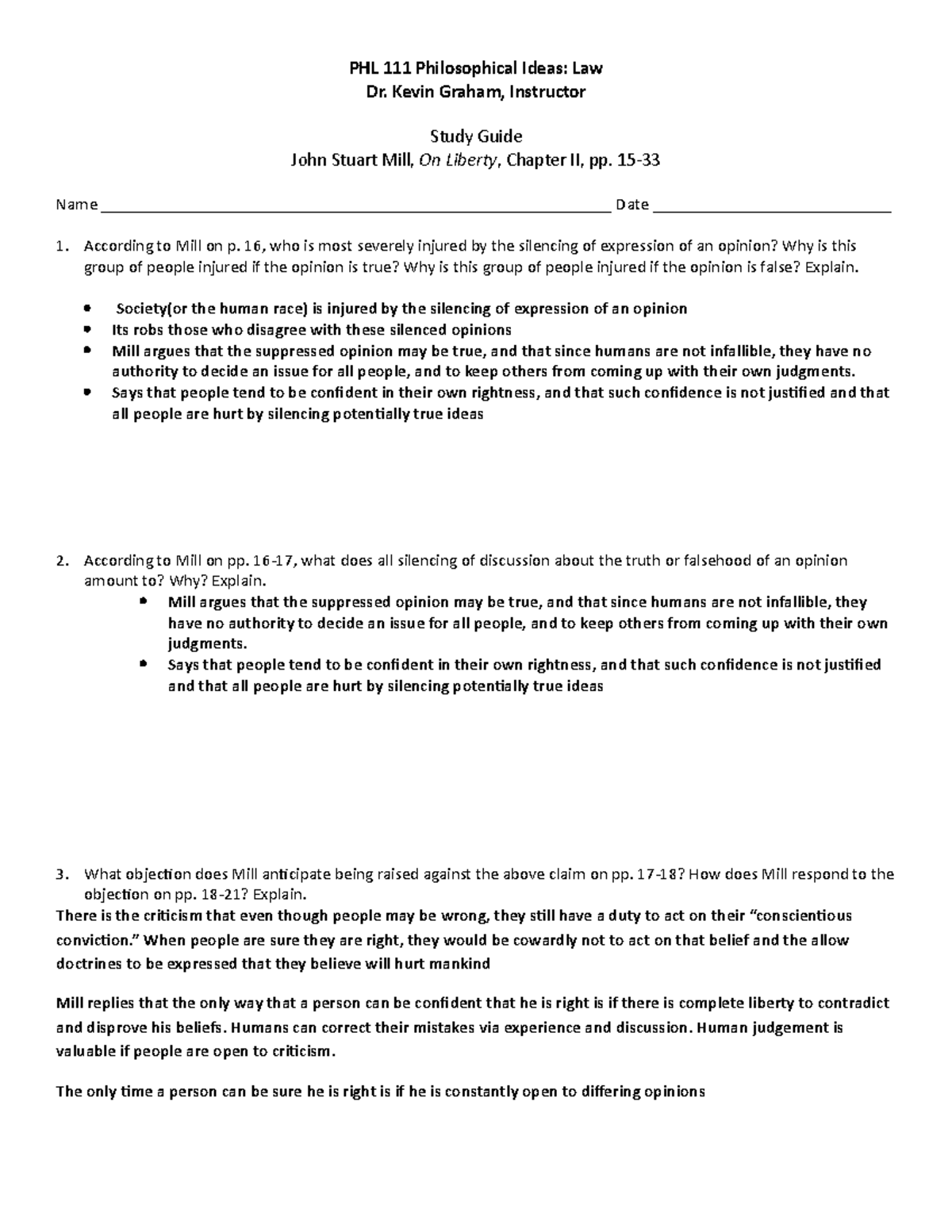 Mill ON Liberty 2a study guide - PHL 111 Philosophical Ideas: Law Dr ...