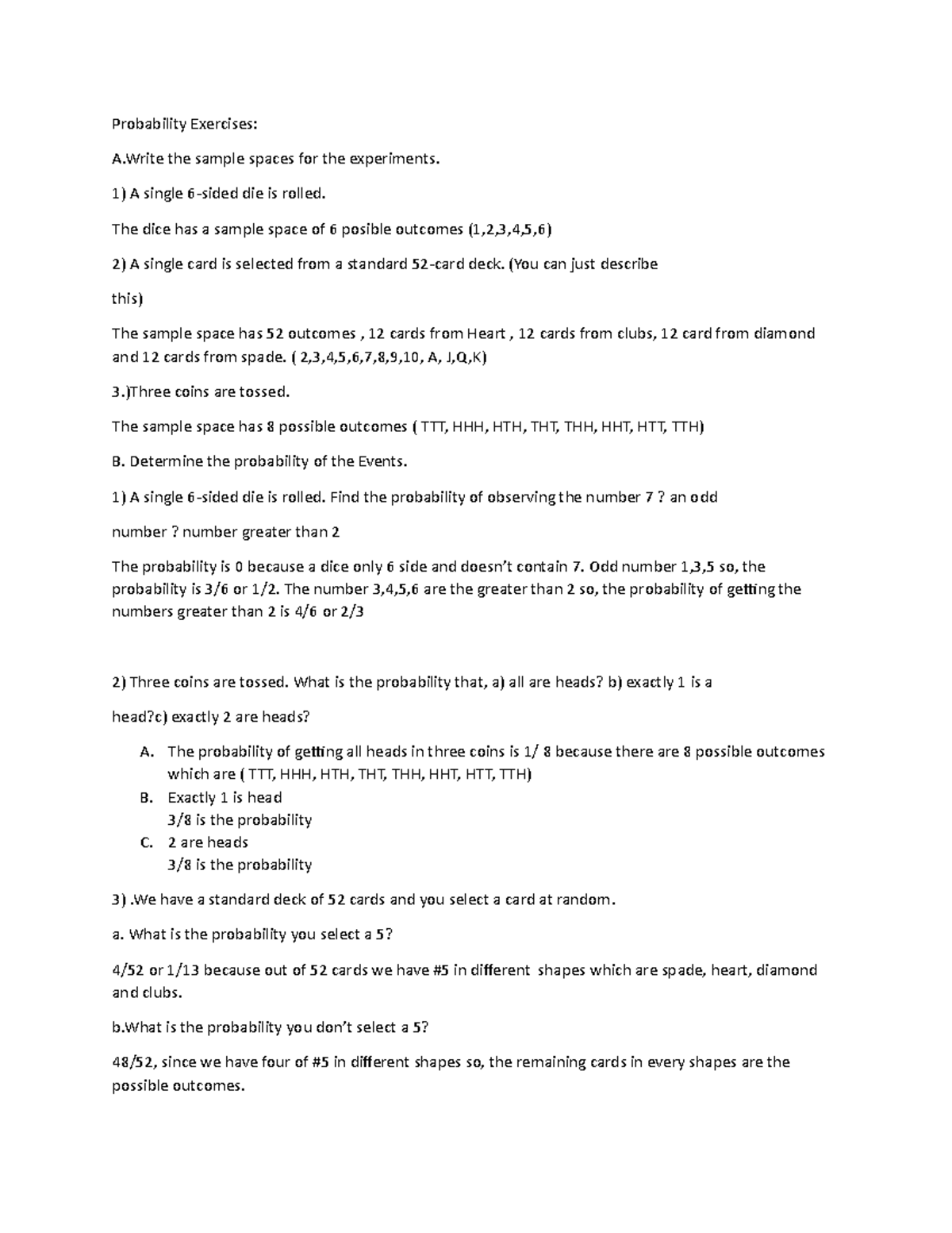 Assignment probability - Probability Exercises: A the sample spaces for ...
