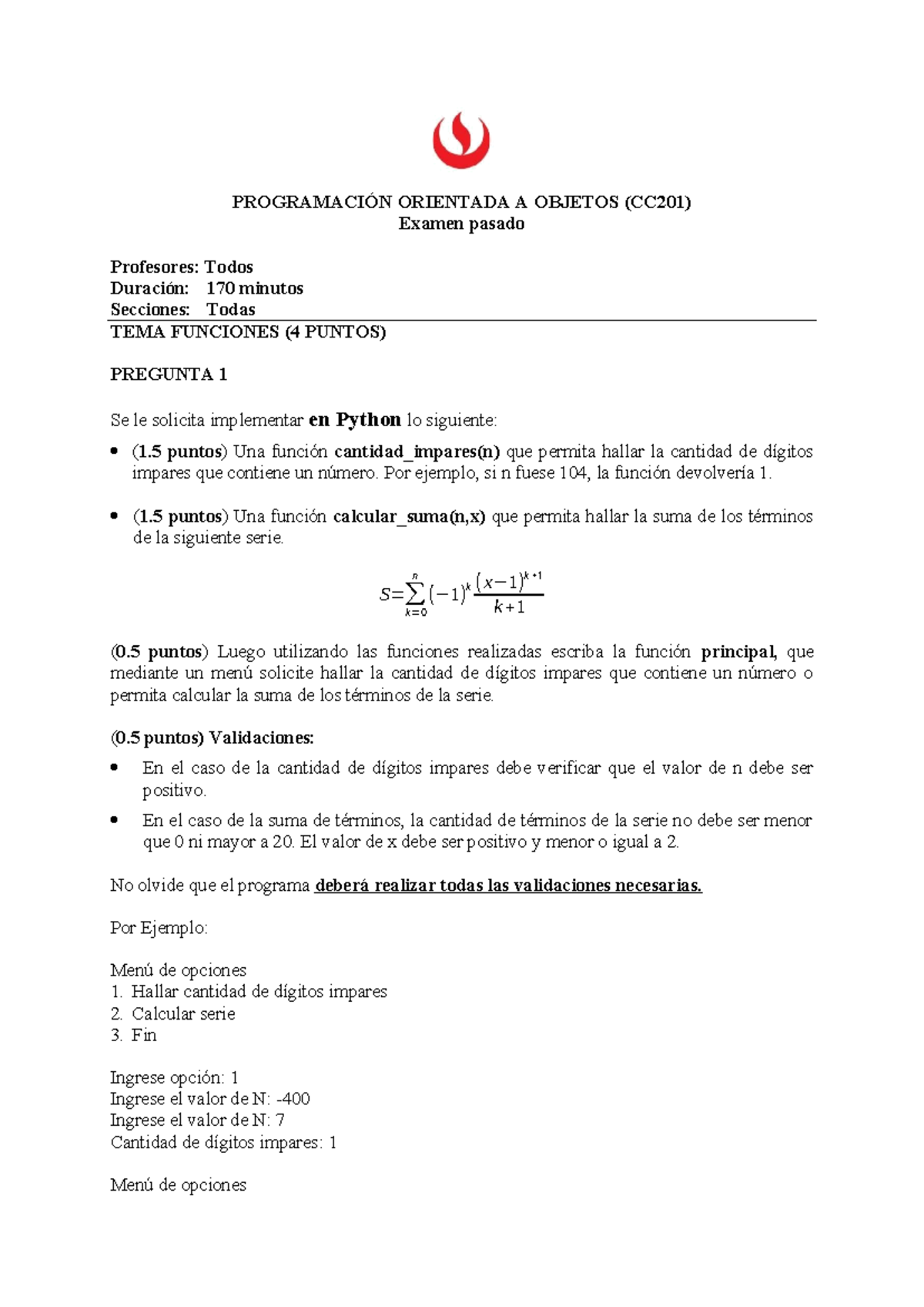 Modelo Examen Final POO - PROGRAMACIÓN ORIENTADA A OBJETOS (CC201 ...