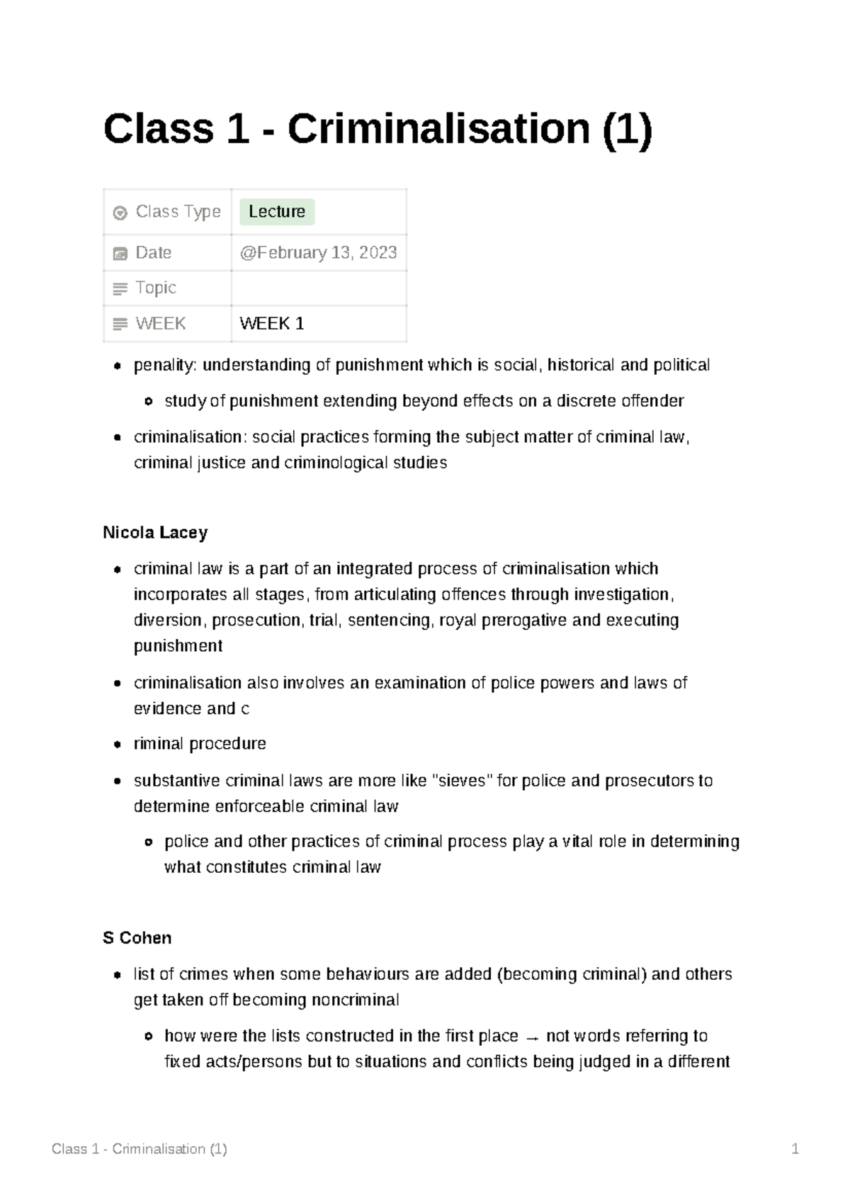 Criminalisation - Lecture 1 notes - Class 1 - Criminalisation (1) Class ...