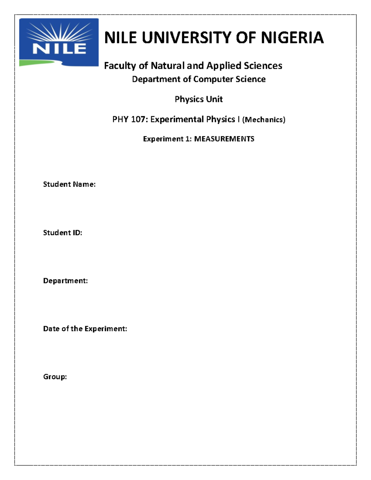 PHY 107 Experiment 1 - NILE UNIVERSITY OF NIGERIA Faculty of Natural and Applied Sciences ...