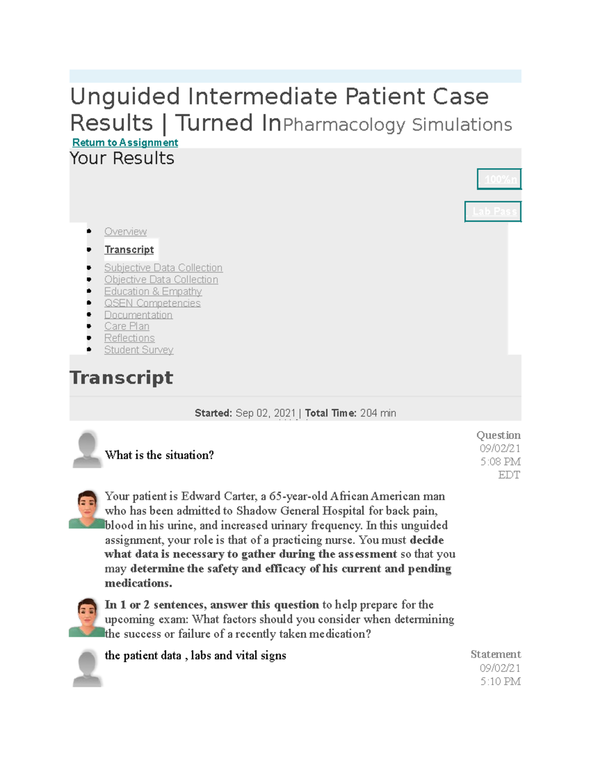 Unguided Intermediate Patient Case Results - In this unguided ...