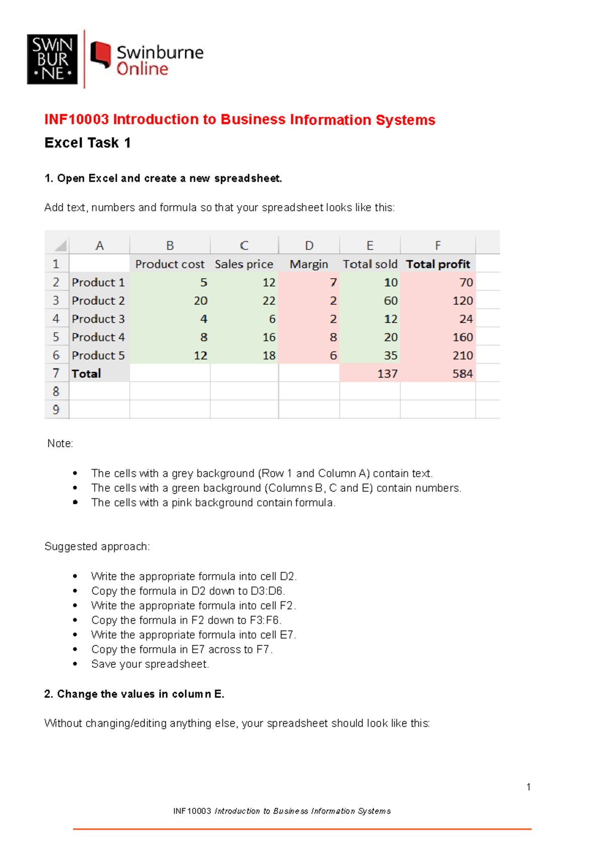 Inf10003 excel task 1 - INF10003 Introduction to Business Information ...