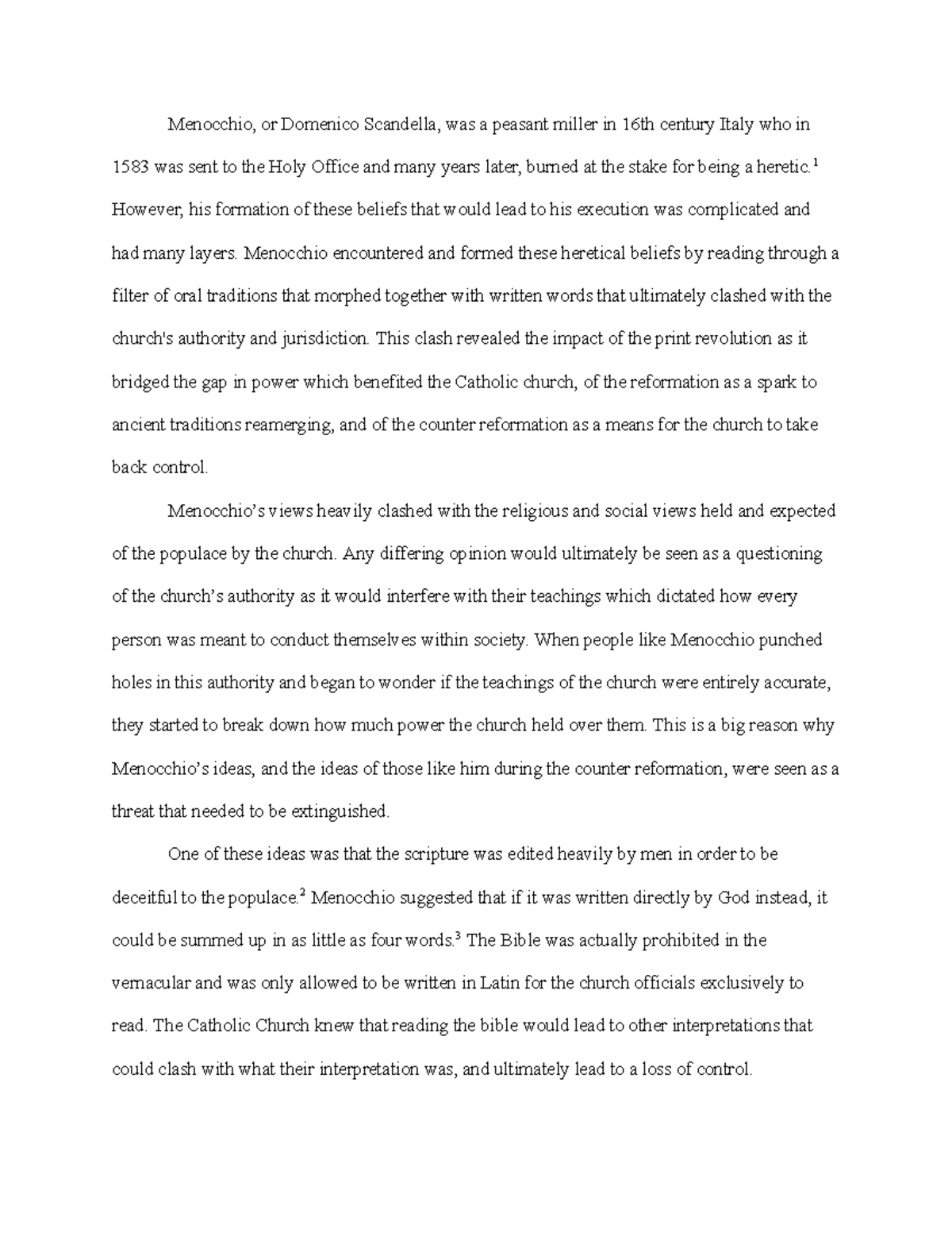 Response Paper - Menocchio, or Domenico Scandella, was a peasant miller ...