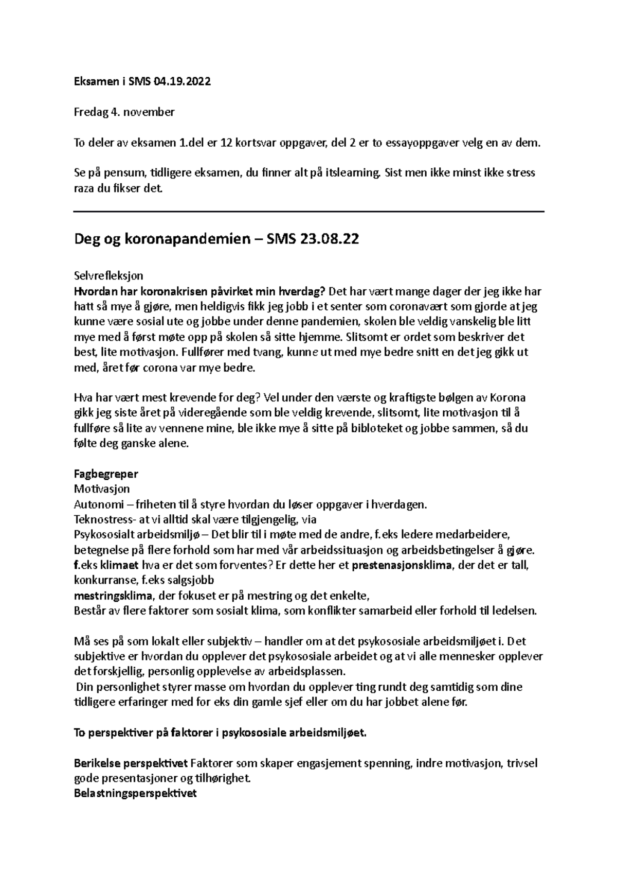 SMS 23.08.22 Psykososiale arbeidsmiljøet - Eksamen i SMS 04. Fredag 4 ...