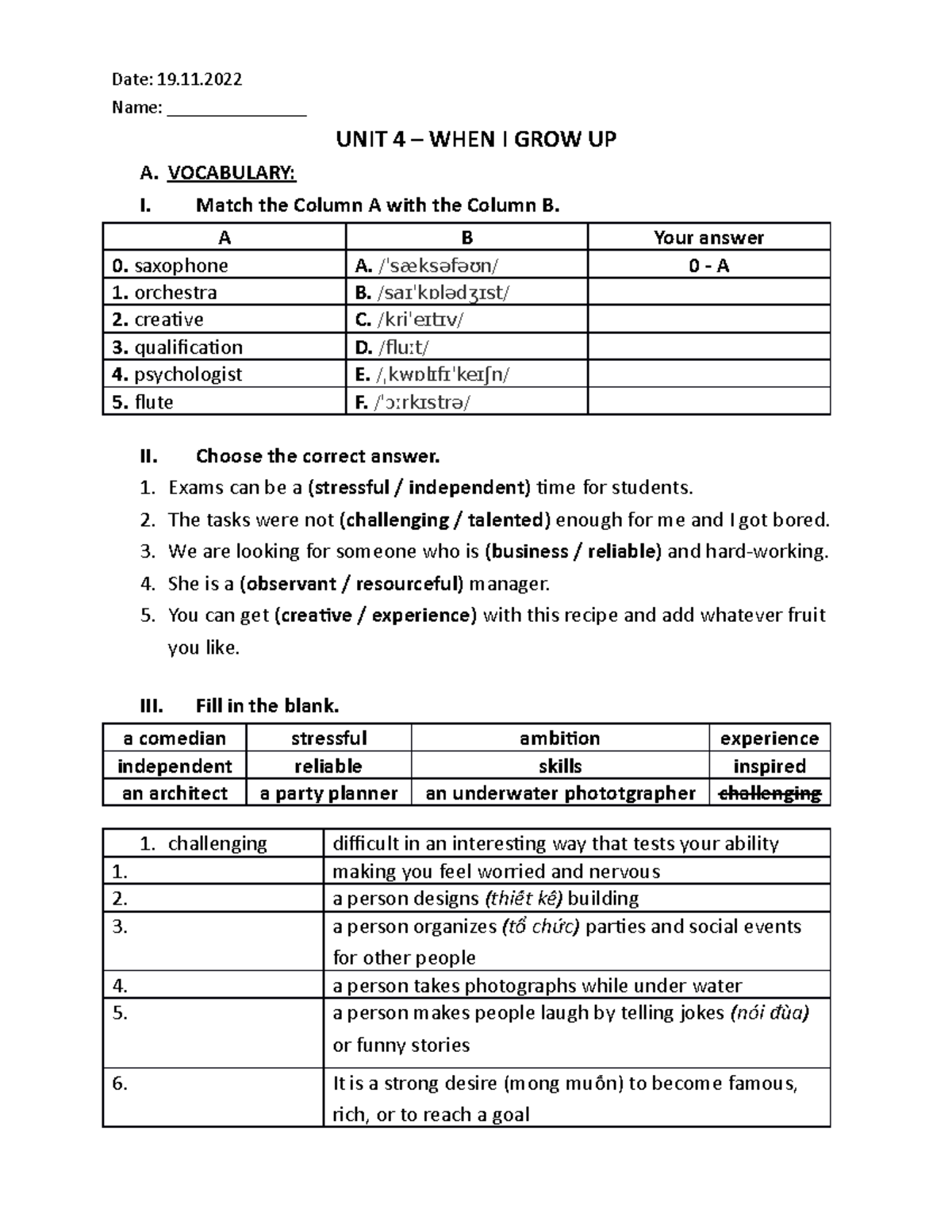 G5U4 - kbnk - Date: 19. Name: _______________ UNIT 4 – WHEN I GROW UP A ...