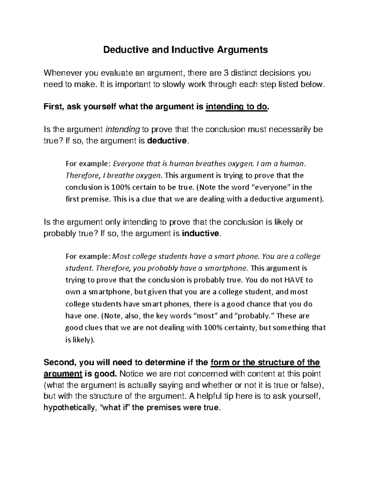 Section 1 Additional Resources - Deductive and Inductive Arguments Whenever you evaluate an ...