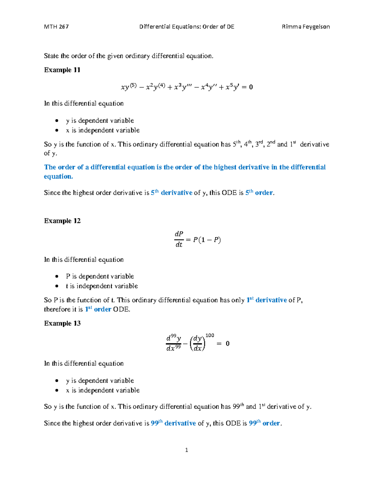 1.1.02 Examples Order of ODE - MTH 267 Differential Equations: Order of ...