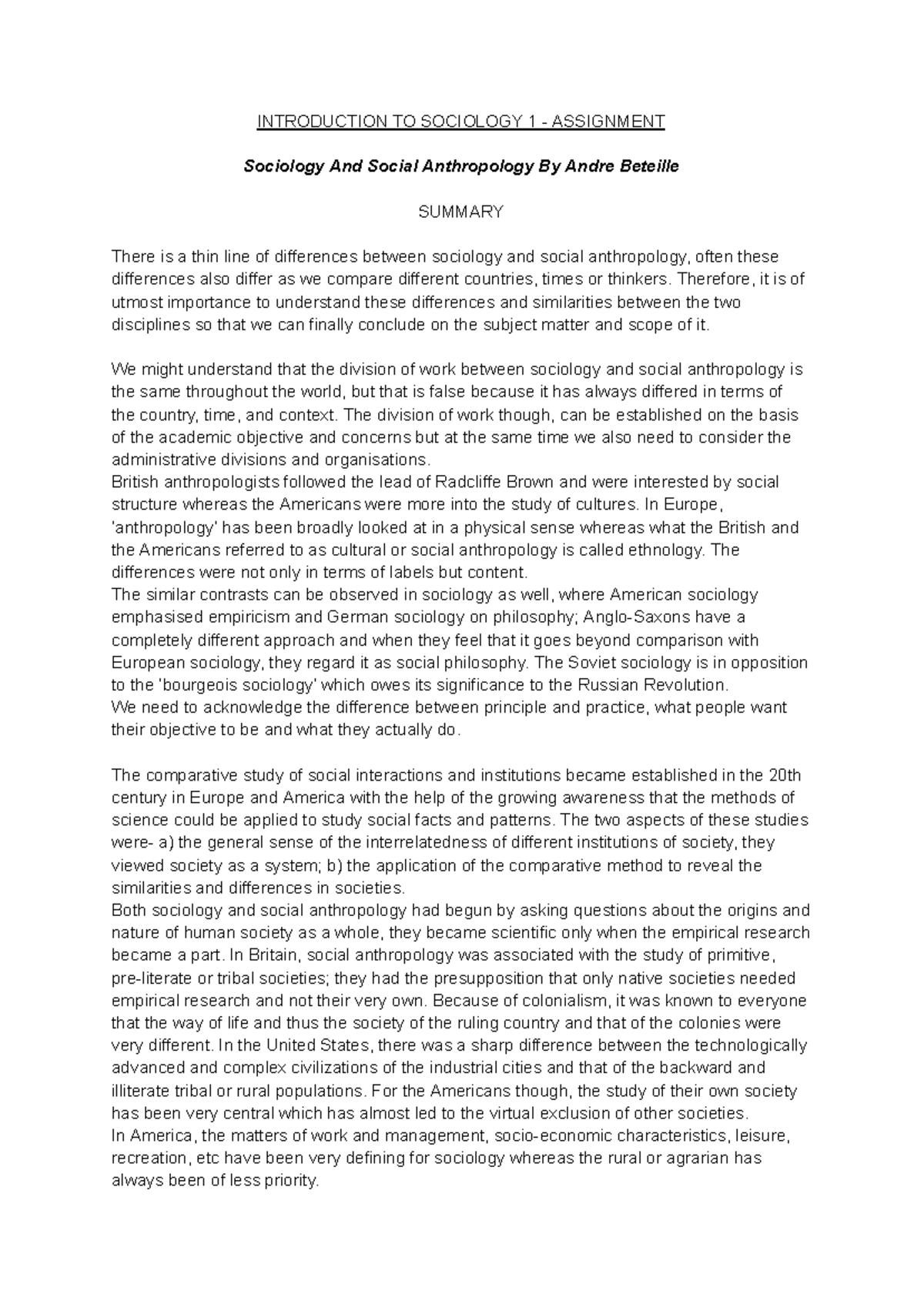 Introduction TO Sociology 1 - Assignment - INTRODUCTION TO SOCIOLOGY 1 ...