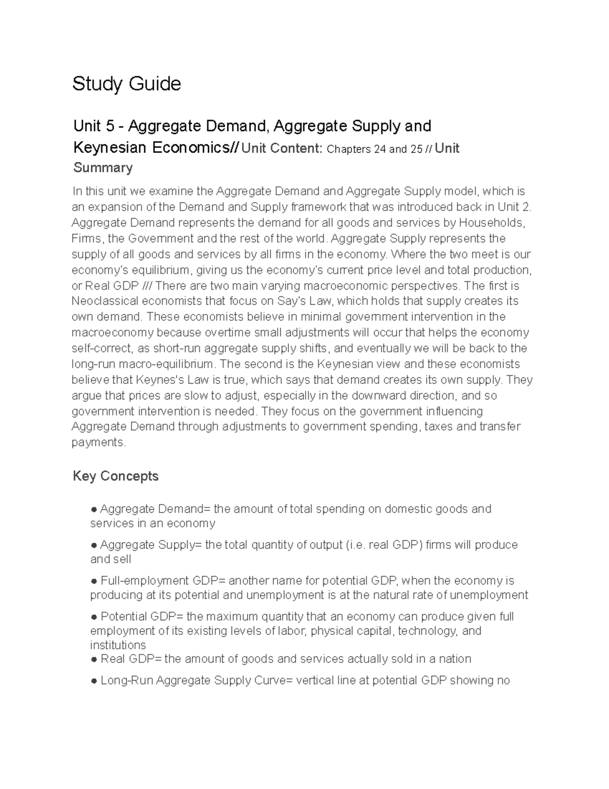 Unit 5 Study Guide - Study Guide Unit 5 - Aggregate Demand, Aggregate ...