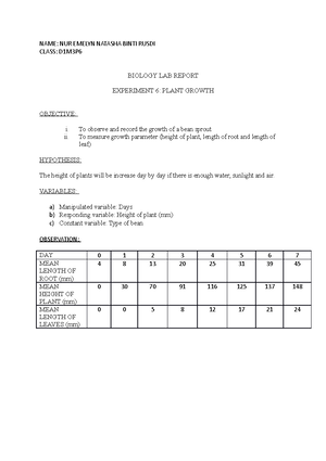 LAB Report 5 Biology SB015 - LAB REPORT: EXPERIMENT 5 TITLE: Inheritance OBJECTIVES: 1. To ...