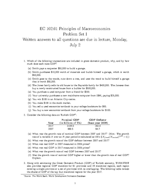 Problem set 2 - Seccond Assignment - EC 102 Principles of Macroeconomics Problem Set 2 Written ...