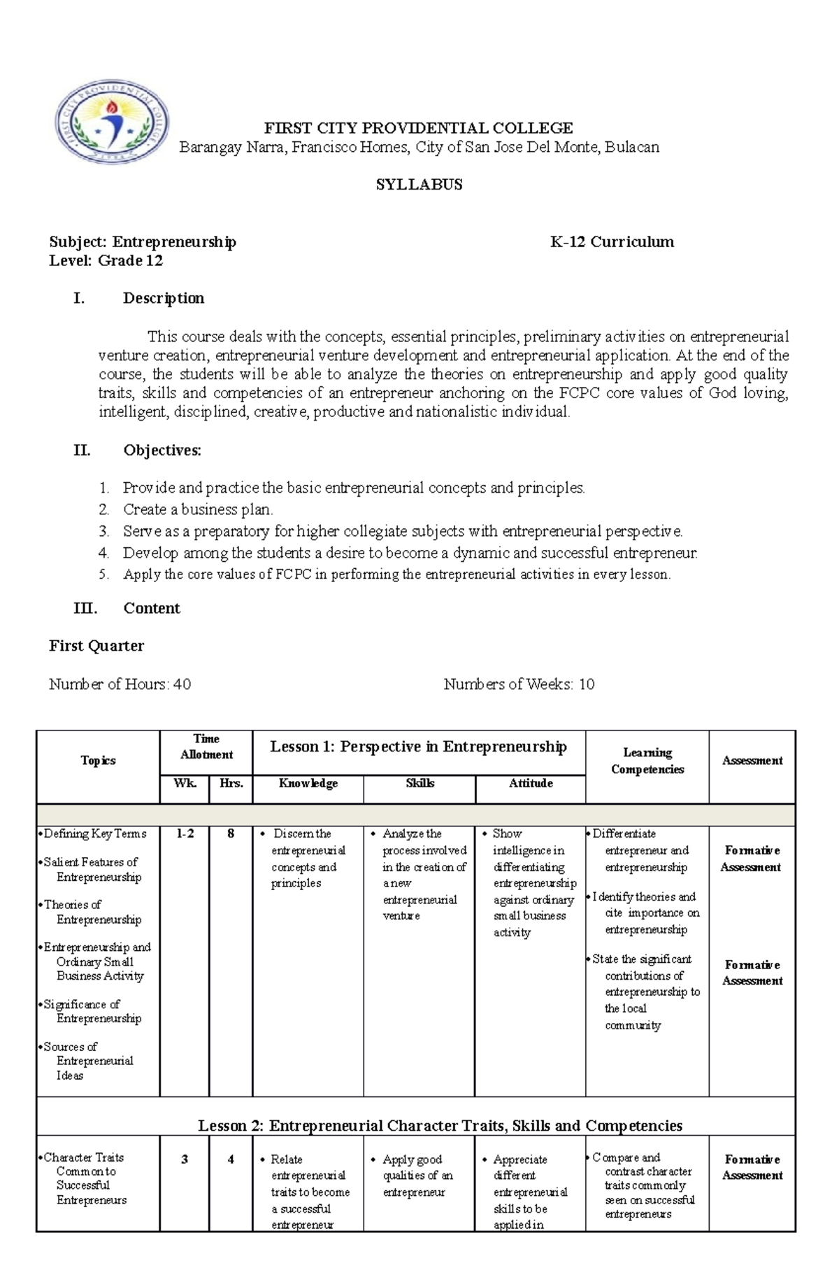 Grade 12 Syllabus IN Entrep - FIRST CITY PROVIDENTIAL COLLEGE Barangay ...