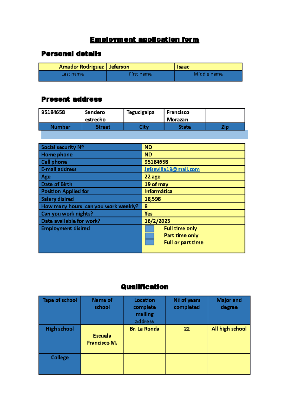 Curriculum Ingles - Employment application form Personal details Amador ...