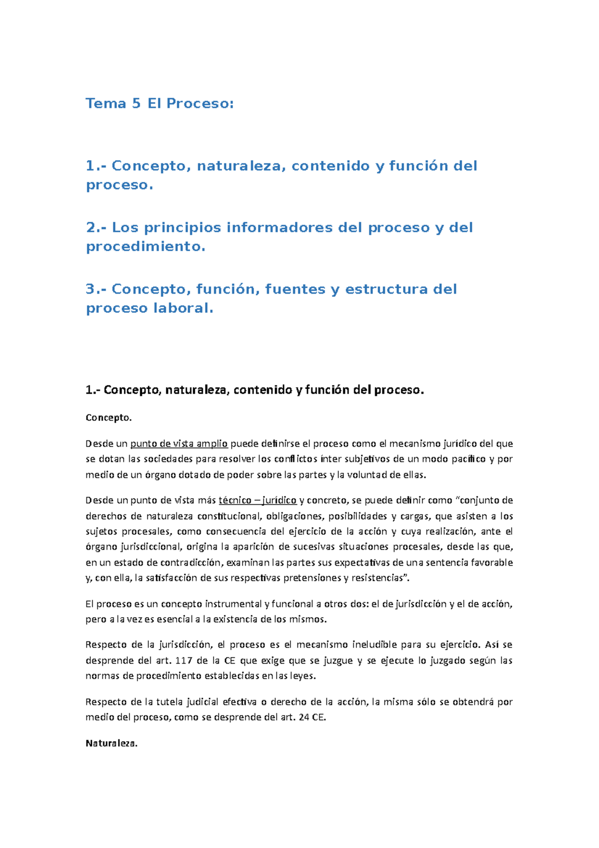 TEMA 5 - T5: EL PROCESO - Tema 5 El Proceso: 1.- Concepto, naturaleza, contenido y función del ...