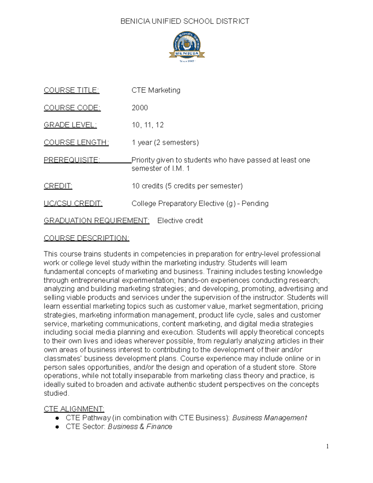 CTE Marketing Course Outline, BHS - BENICIA UNIFIED SCHOOL DISTRICT ...