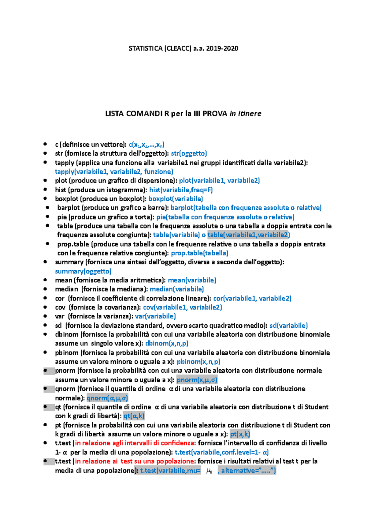 Lista Comandi III Prova IN Itinere - STATISTICA (CLEACC) a. 2019- LISTA COMANDI R per la III ...