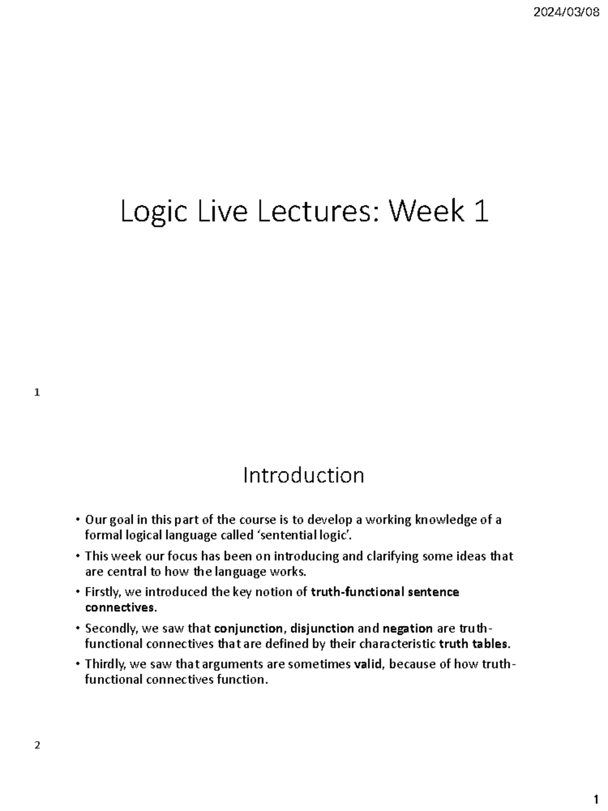 Week 1 Live lecture slides - Logic Live Lectures: Week 1 Introduction ...