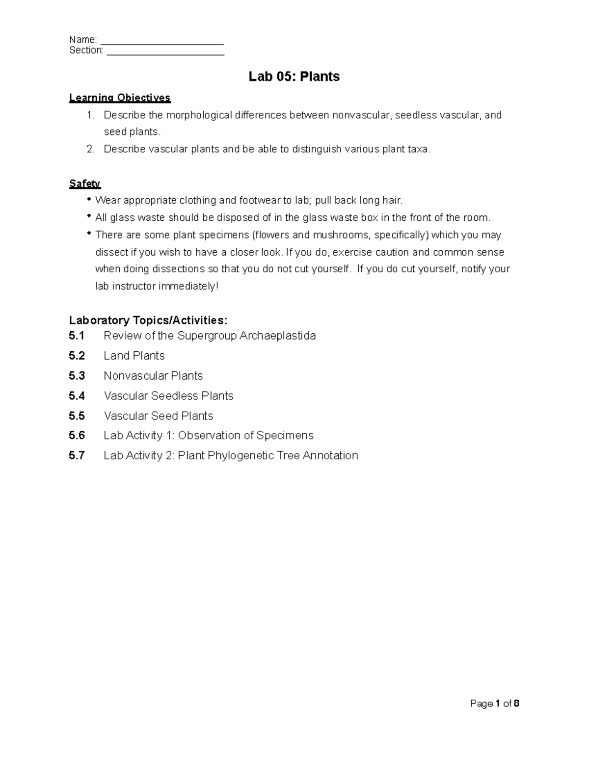 Plants Protocol and Datasheet v4 - Section: ______________________ Lab ...