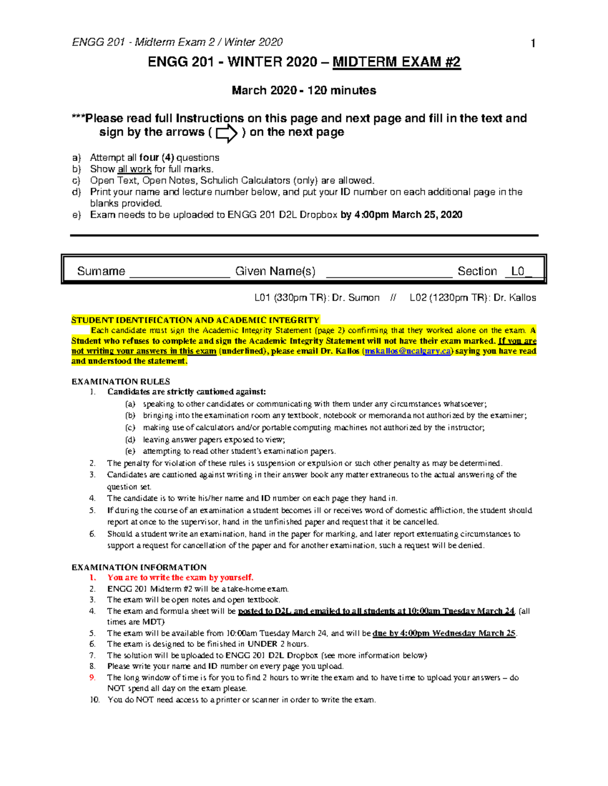 ENGG 201 MT2 W2020 Solution - ENGG 201 - WINTER 2020 – MIDTERM EXAM ...