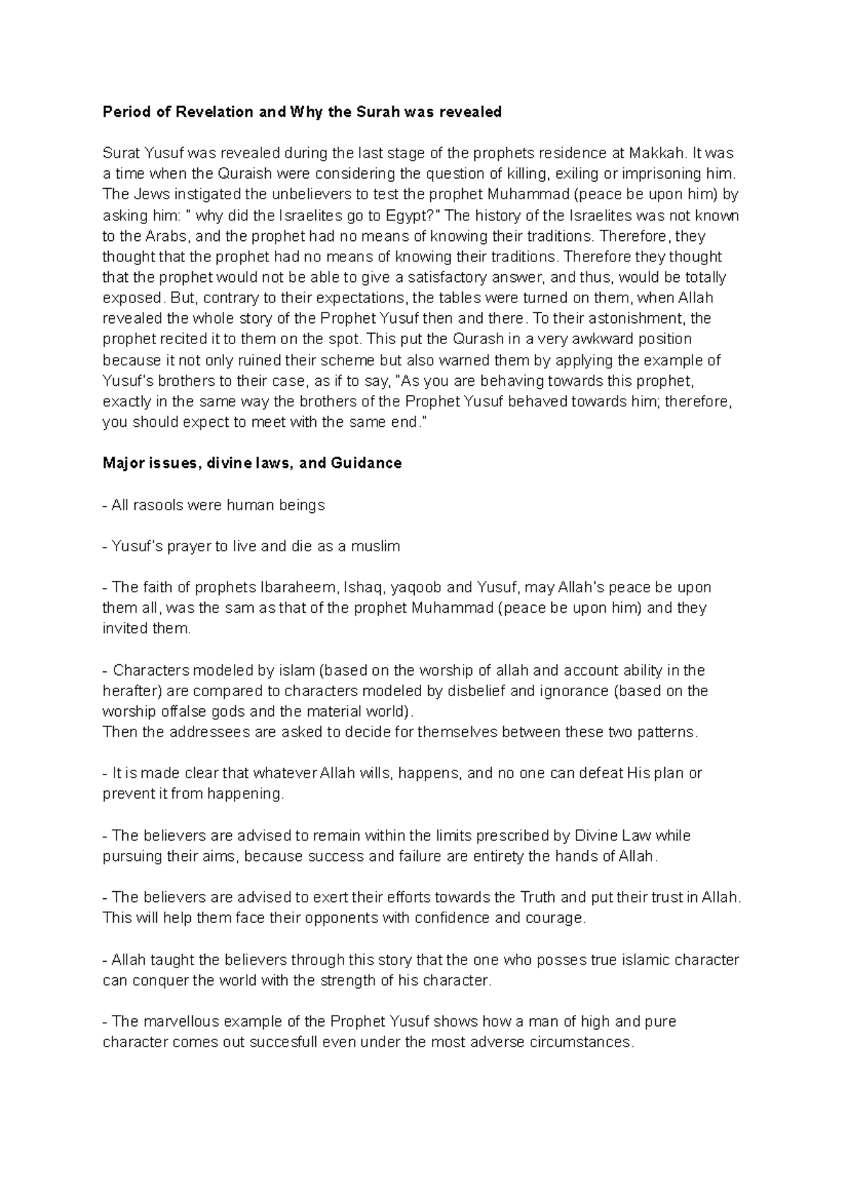 Surat Yusuf - ayah notes, themes, social historical setting, some ...