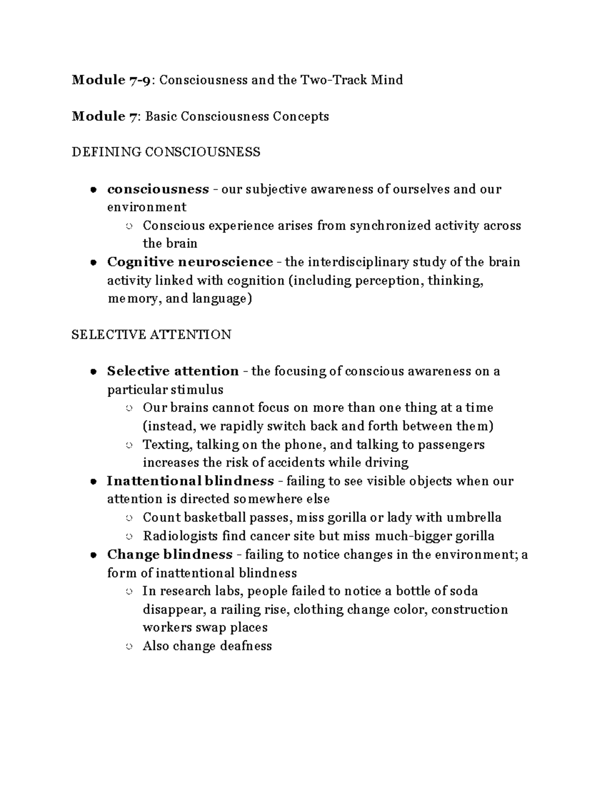 Modules 7, 8, 9 - Module 7-9: Consciousness and the Two-Track Mind ...