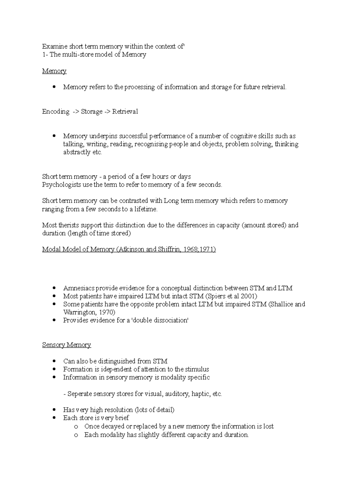 Short Term Memory - Examine short term memory within the context of' 1 ...