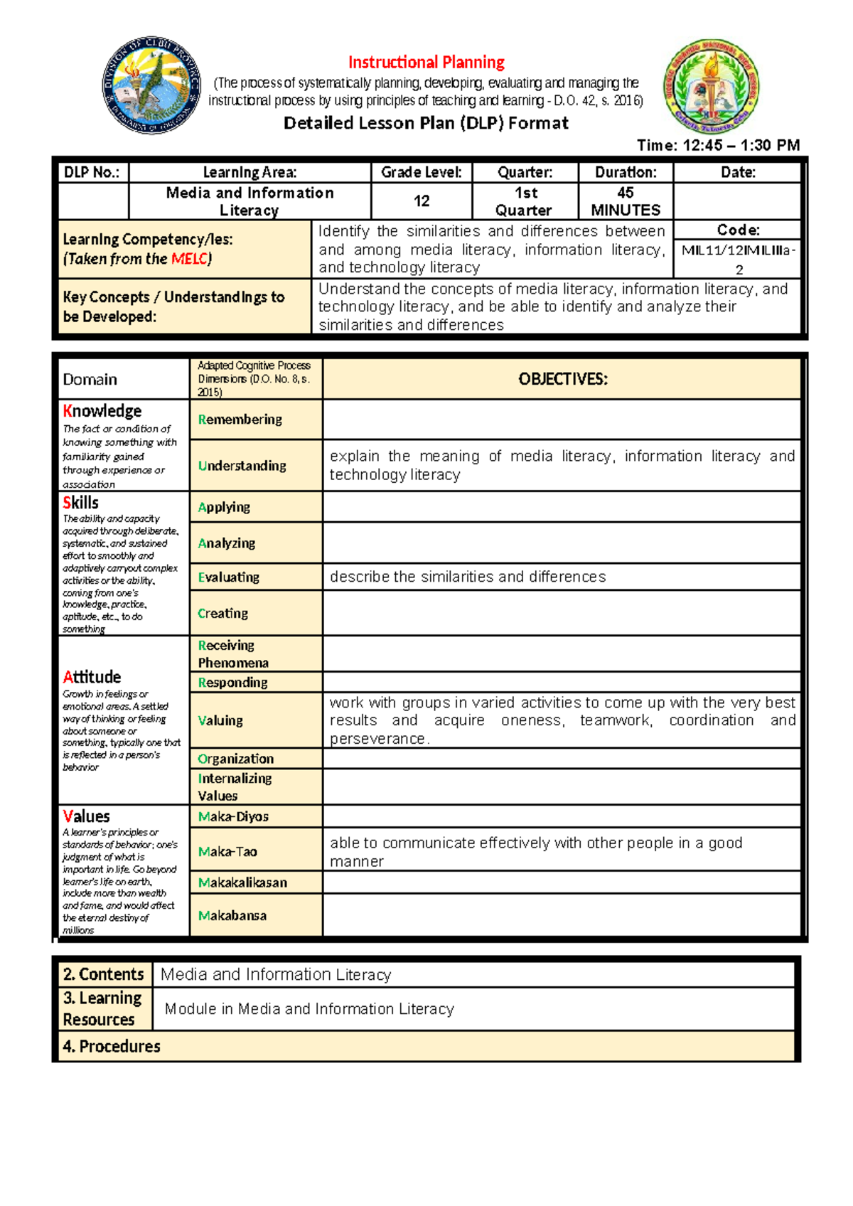 1st CO-DLP-MIL - Lesson Plan - Instructional Planning (The process of ...