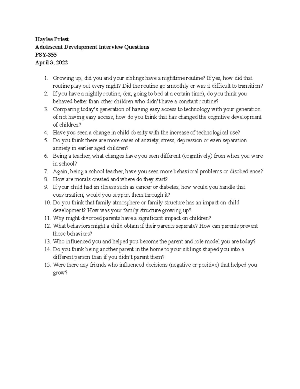 Adolescent Interview Questions - Haylee Priest Adolescent Development ...
