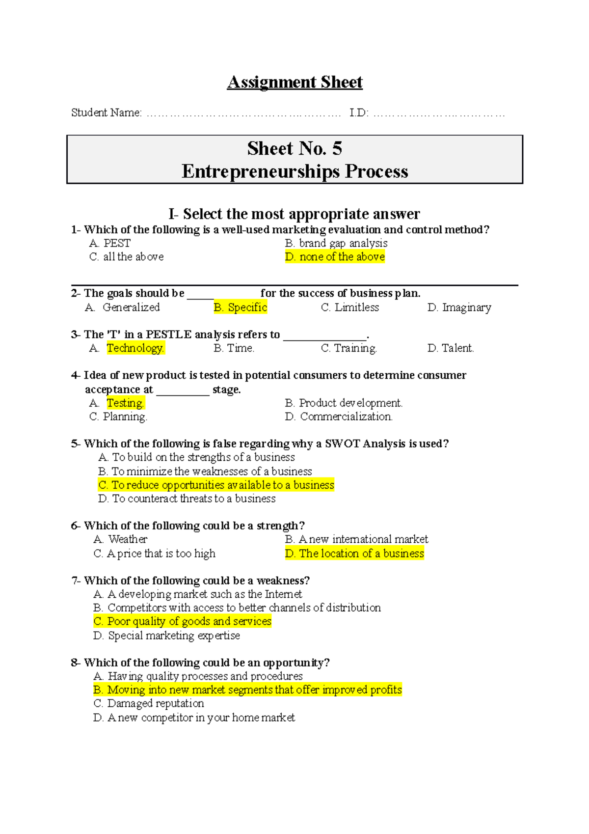 Ent 1 (1) - DR.Ashraf - Assignment Sheet Student Name: - Studocu