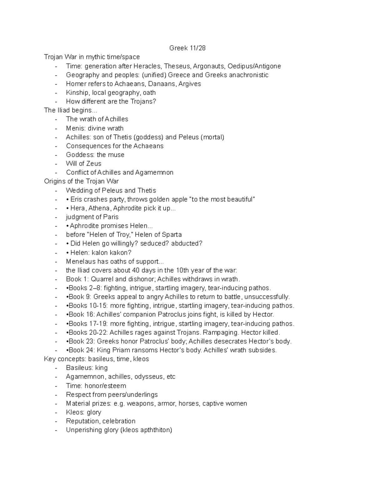 Greek 11 28 Lecture Notes For Classics 224 With Professor Wietzke