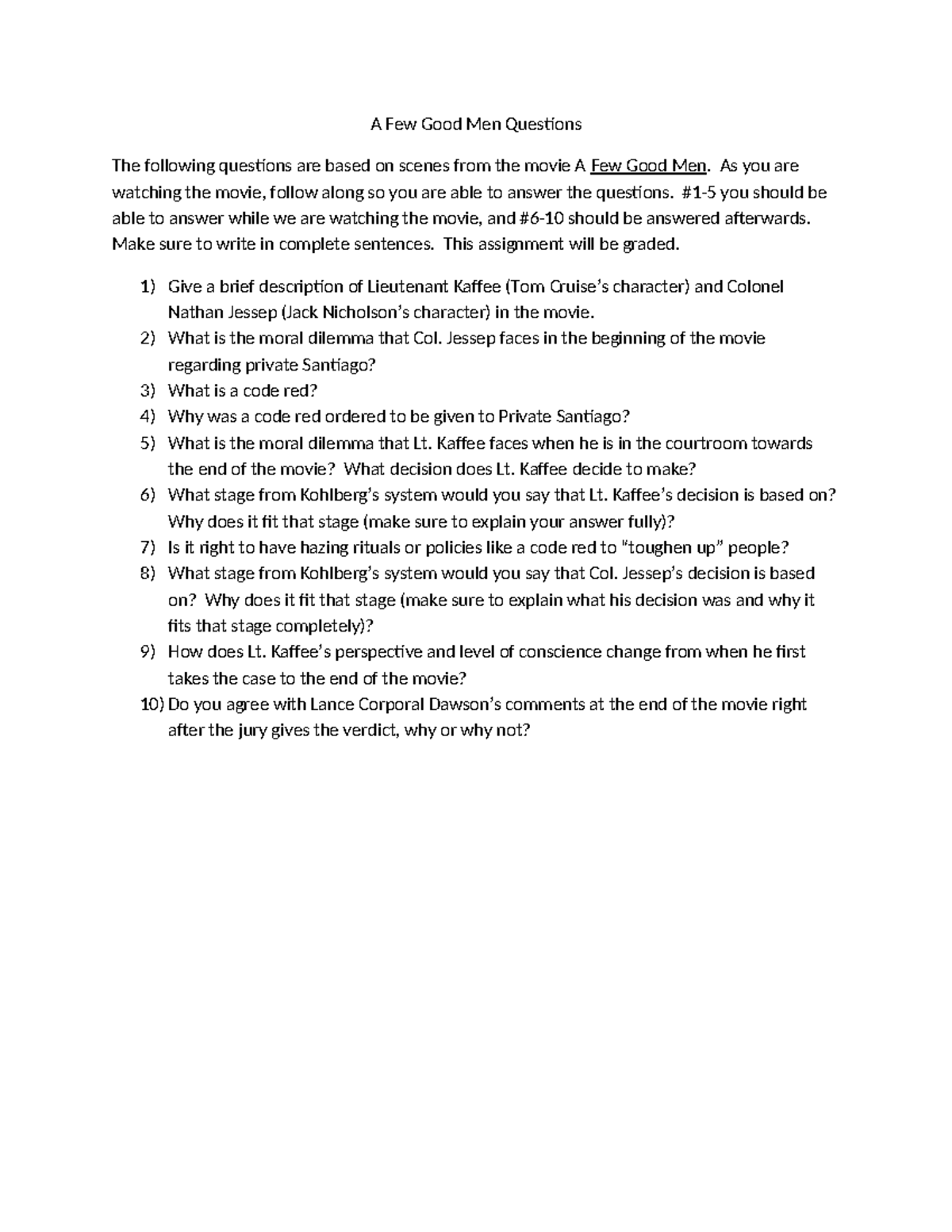 Religion 10 Morality - Movie Worksheet - A Few Good Men Questions The ...
