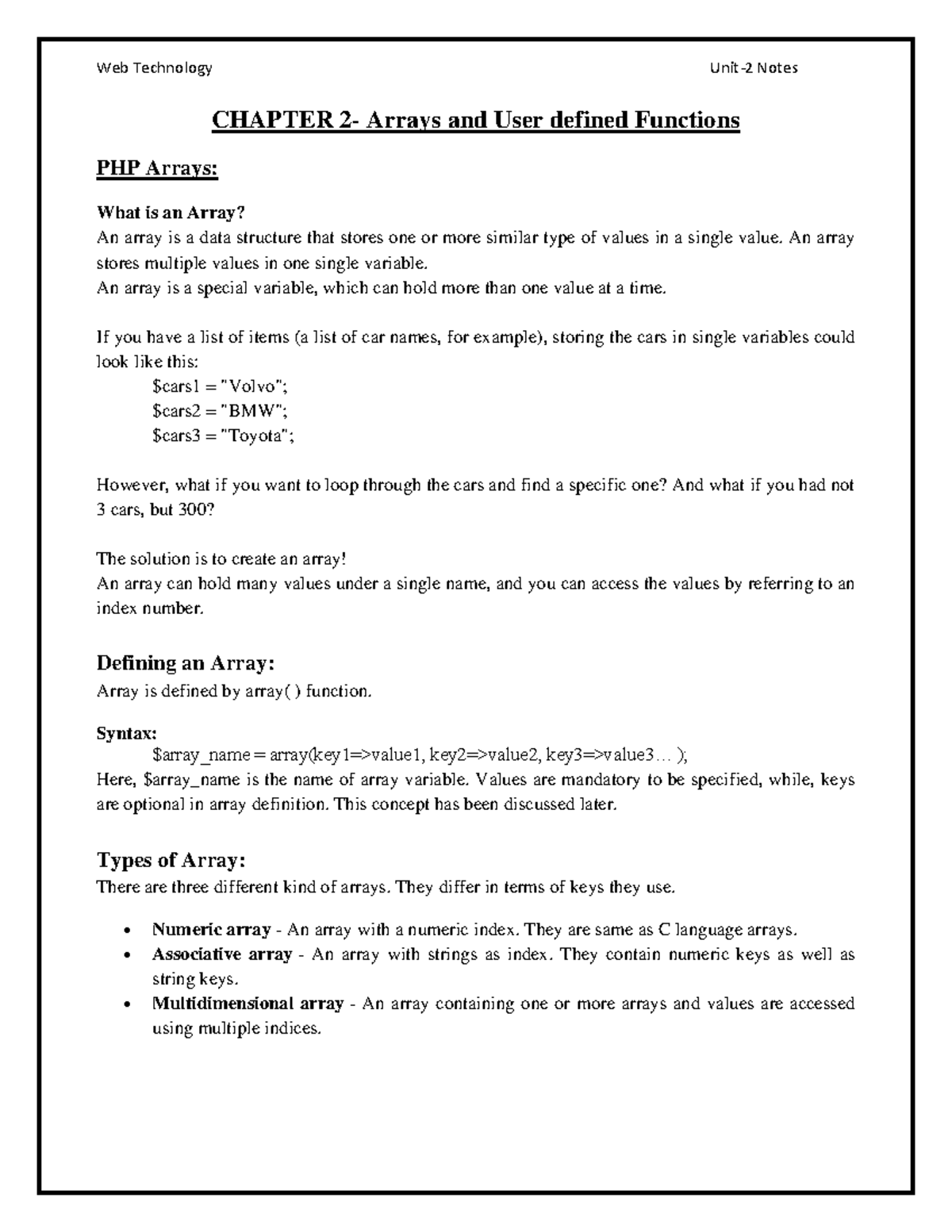 WT Notes ch2 - Web Technology CHAPTER 2- Arrays and User defined ...