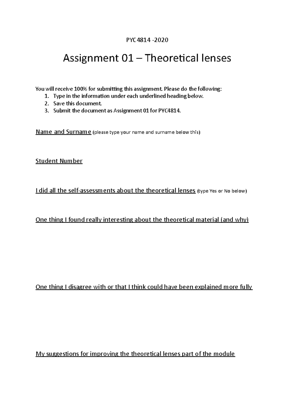 Assignment 01 template - PYC4814 - Assignment 01 – Theoreical lenses You will receive 100% for ...