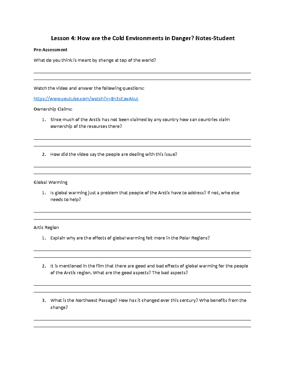 Lesson 4 How are the Arctics in Danger- Student Notes - Lesson 4: How ...