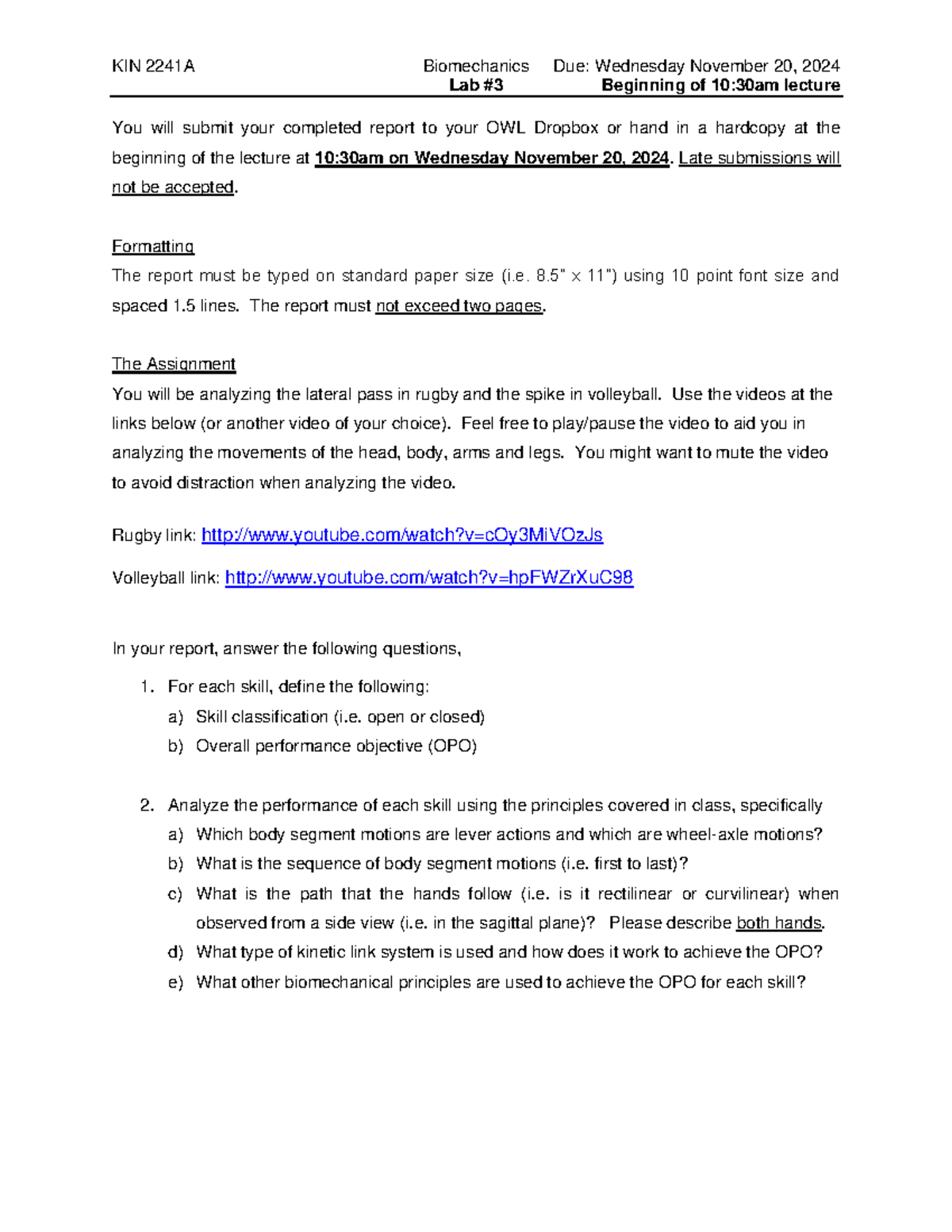 KIN 2241 b lab 3 - Notes - KIN 2241A Biomechanics Due: Wednesday ...