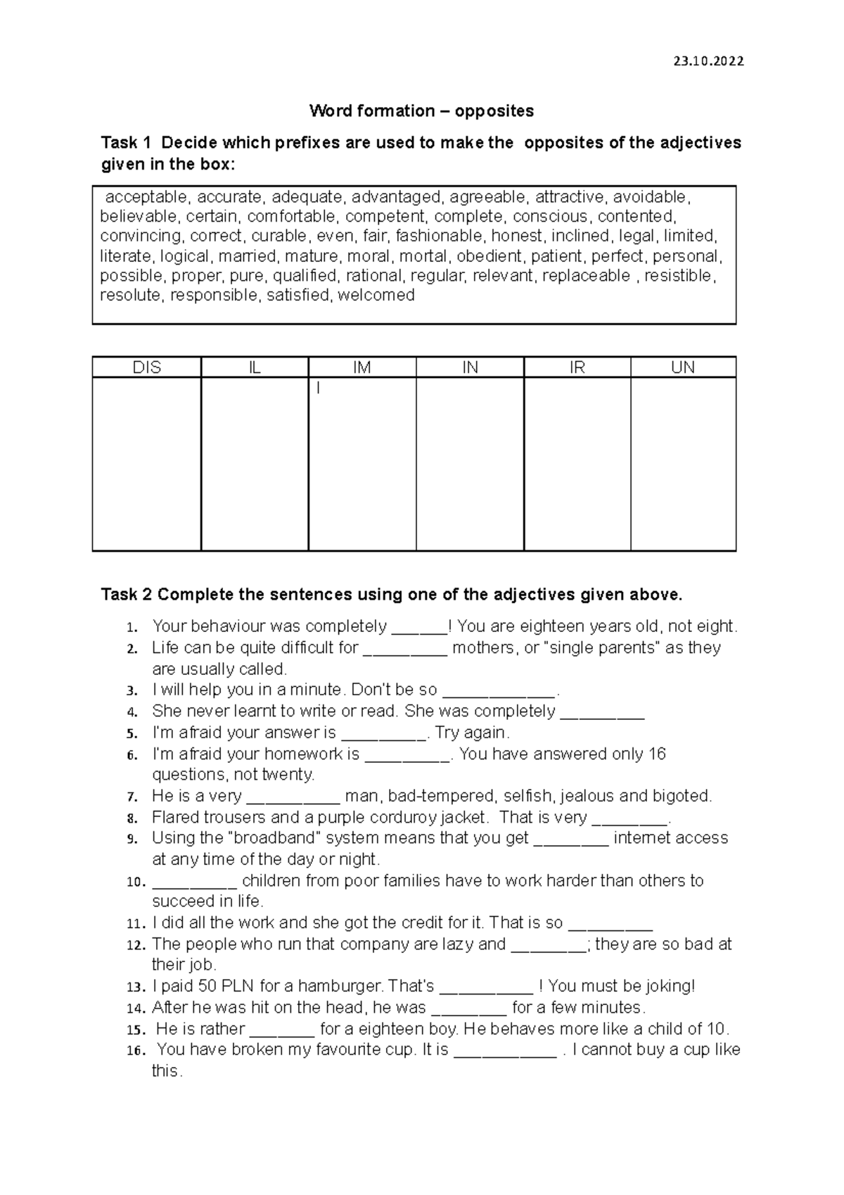 Word formation prefixes - 23. Word formation – opposites Task 1 Decide ...