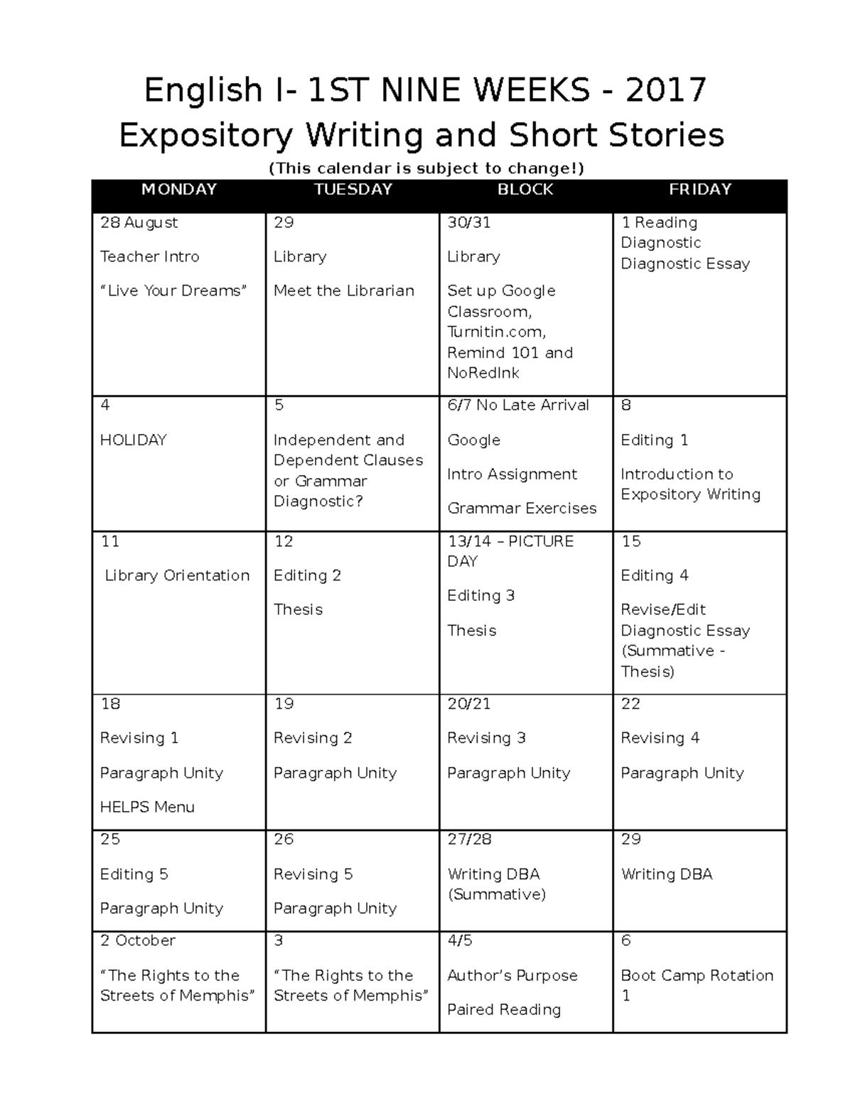 Study notes first 9 weeks 2017 2018 - English I- 1ST NINE WEEKS - 2017 ...