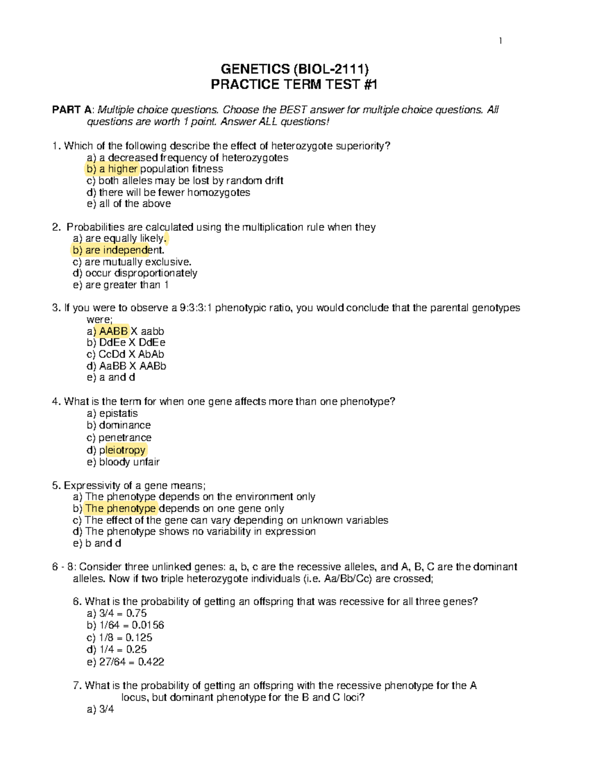 Practice term test 1 - 1 GENETICS (BIOL-21 11) PRACTICE TERM TEST PART ...