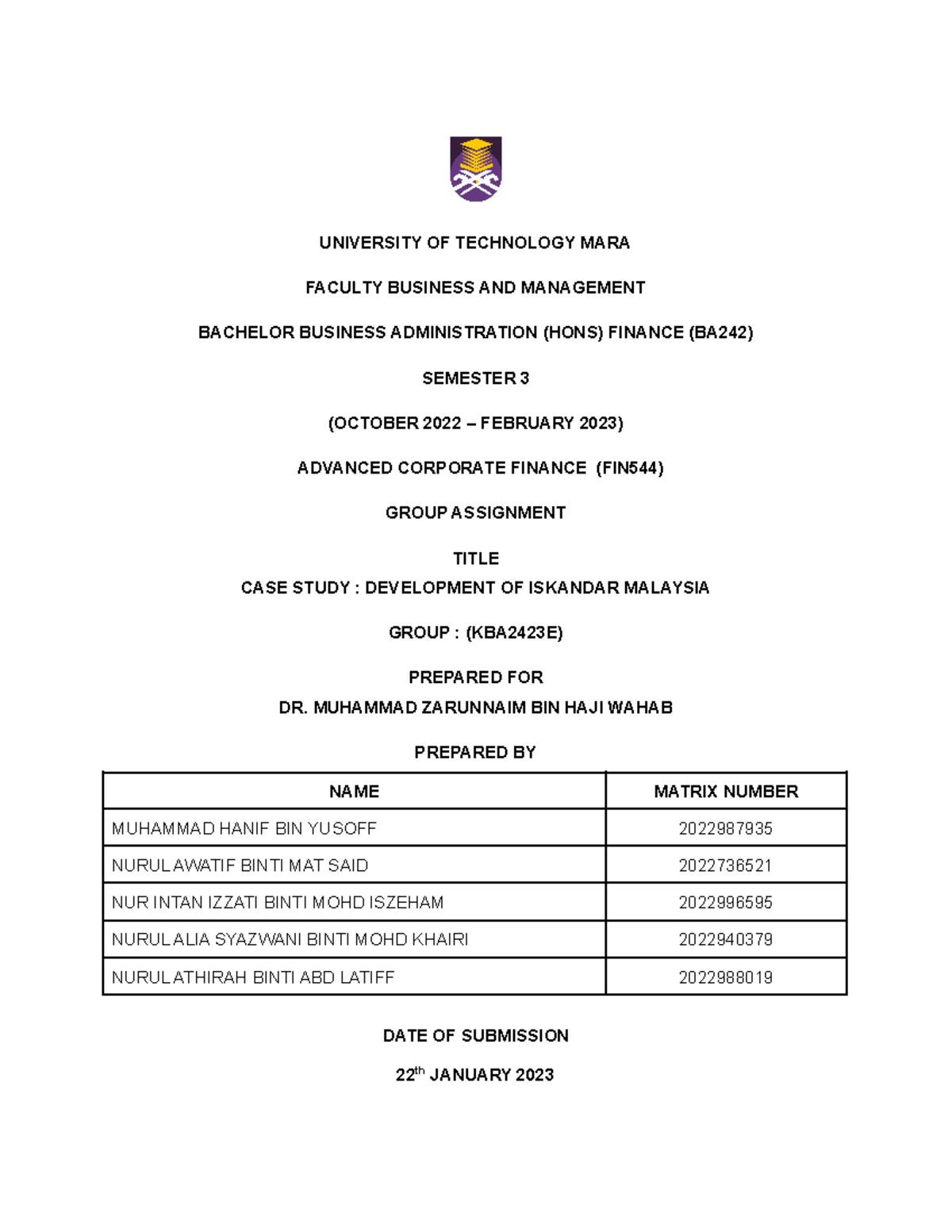 FIN544, GP Assignment - UNIVERSITY OF TECHNOLOGY MARA FACULTY BUSINESS ...